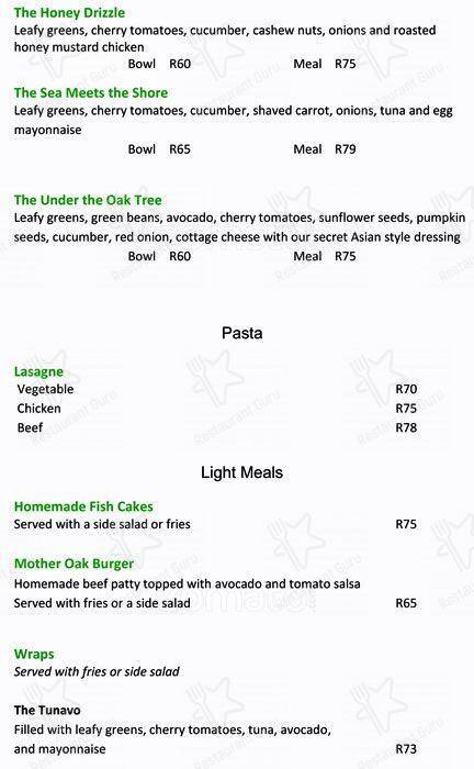 Menu at Under The Oak Tree cafe, Johannesburg