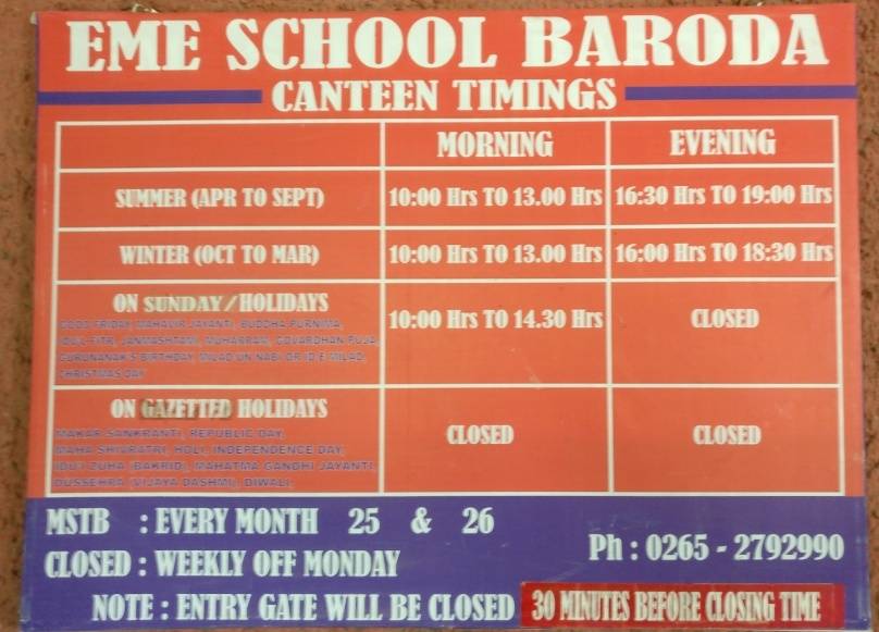 Menu at Unit Run Canteen, EME School, Vadodara