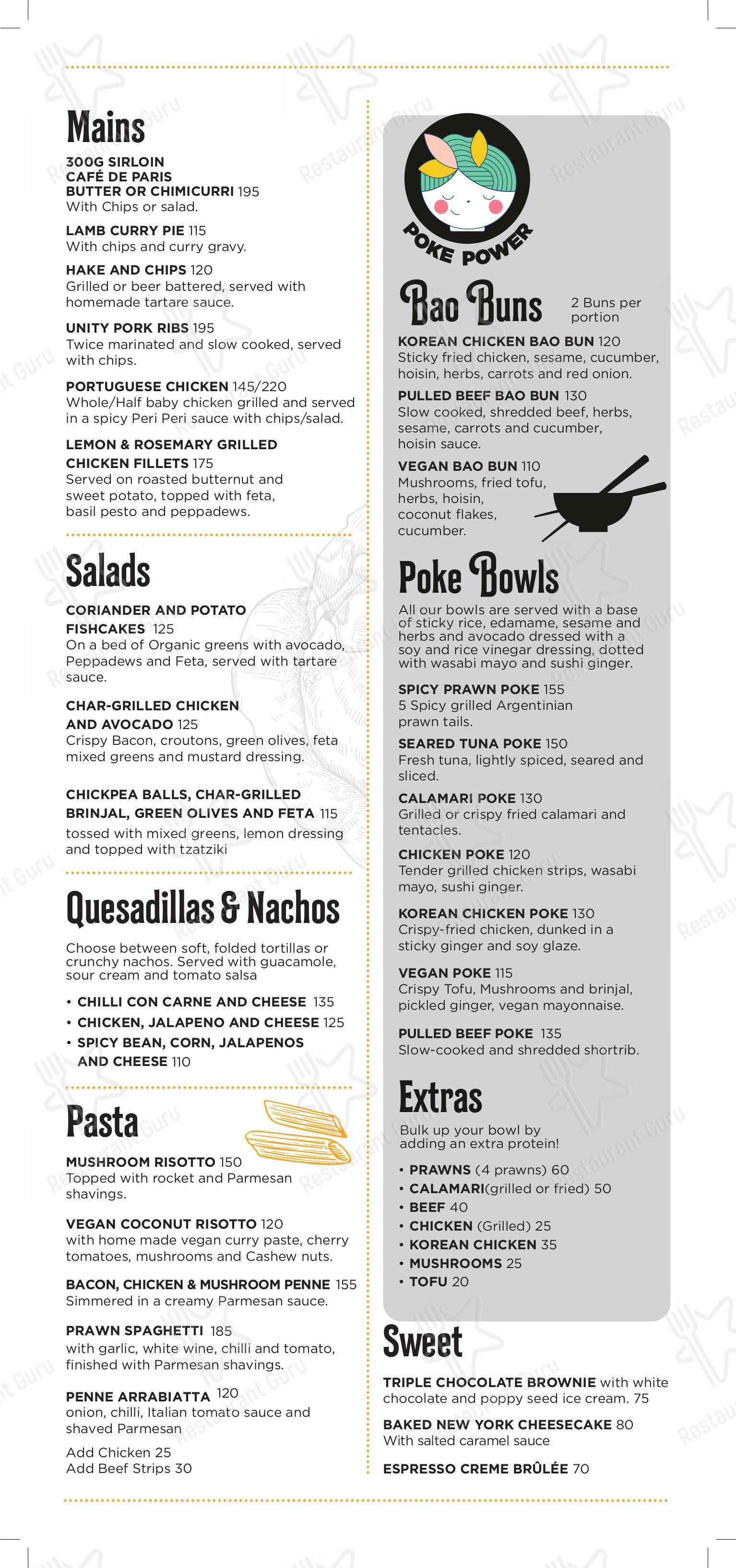 Menu at Unity Bar & Brasserie, Durban