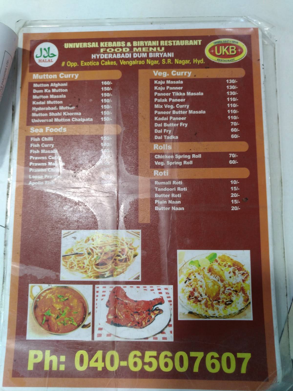 Menu at Universal Kebabs & Biryani Restaurant, Hyderabad, No 69/ A