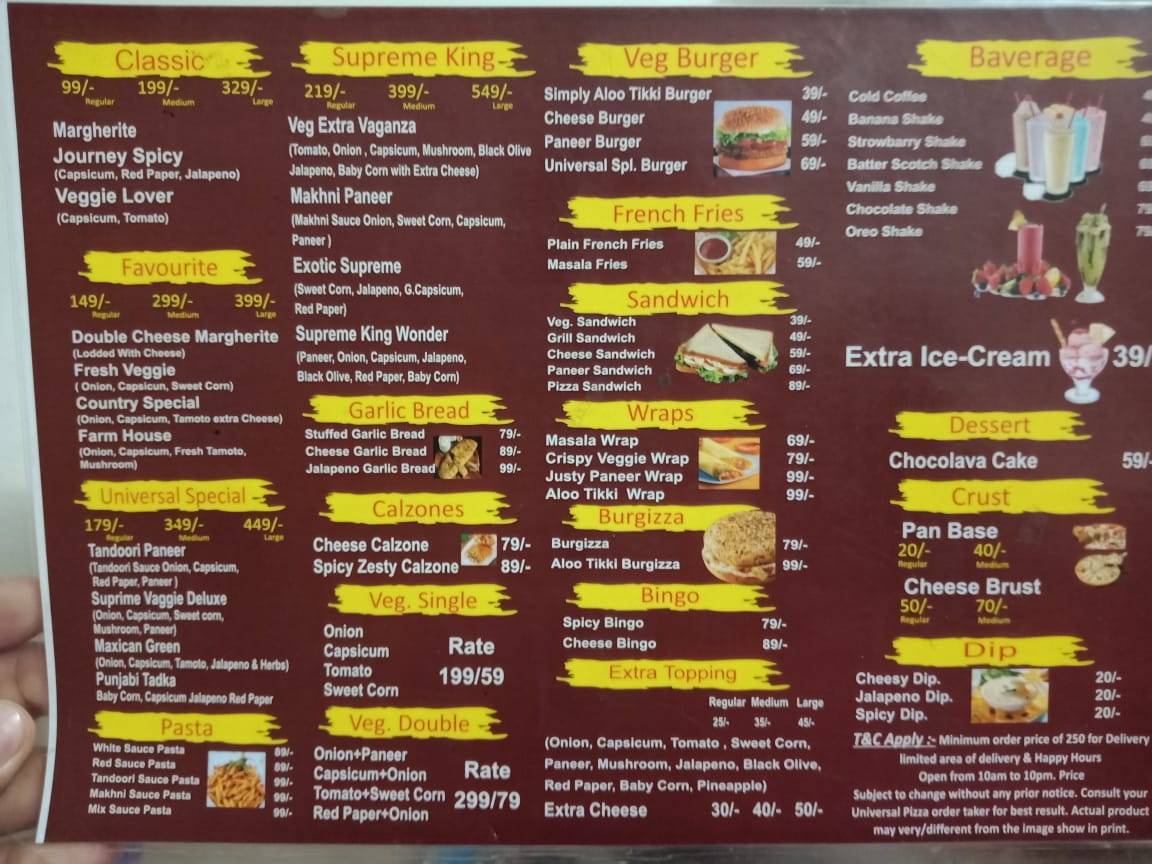 Menu at Universal Pizza, Gohana