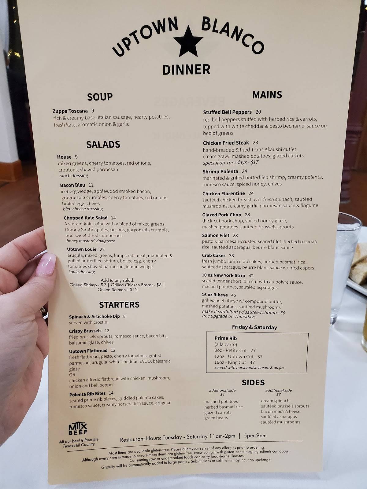 Menu at Uptown Blanco Restaurant, Blanco, 317 Main St