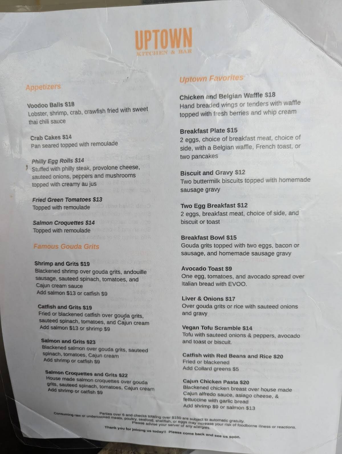 Menu at Uptown Kitchen & Bar, Jacksonville