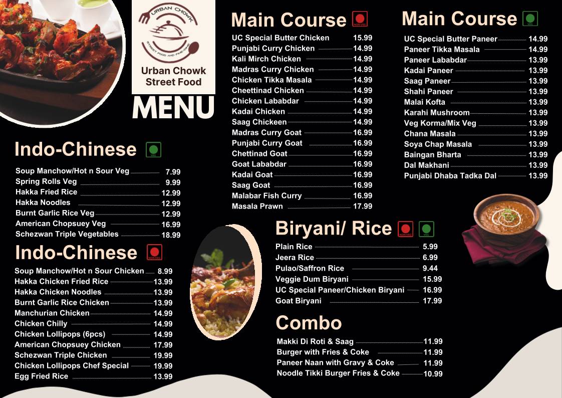 Menu at Urban Chowk Street Food and Indian Cuisine restaurant, Calgary