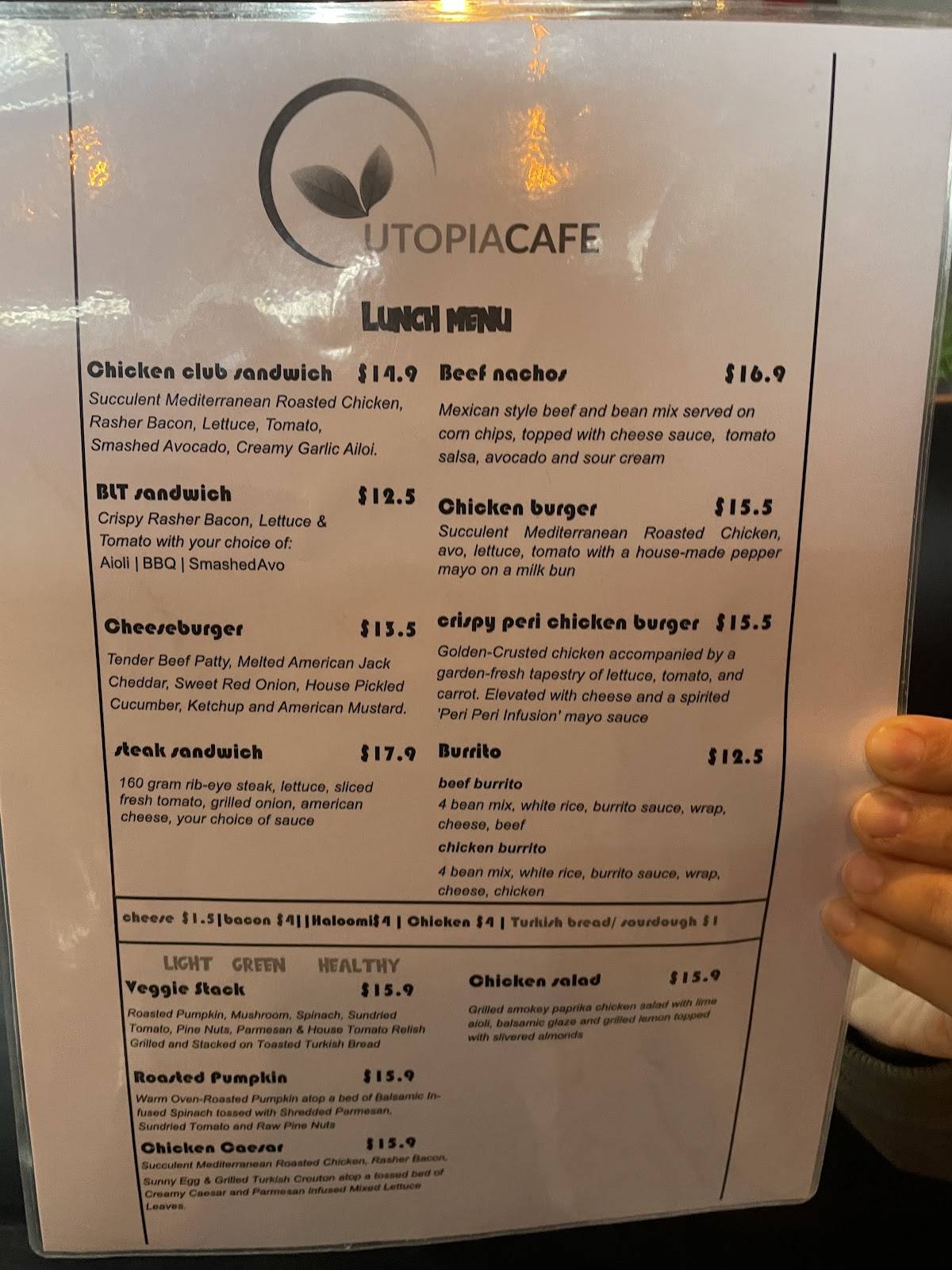 Menu at Utopia cafe Kingaroy, Kingaroy