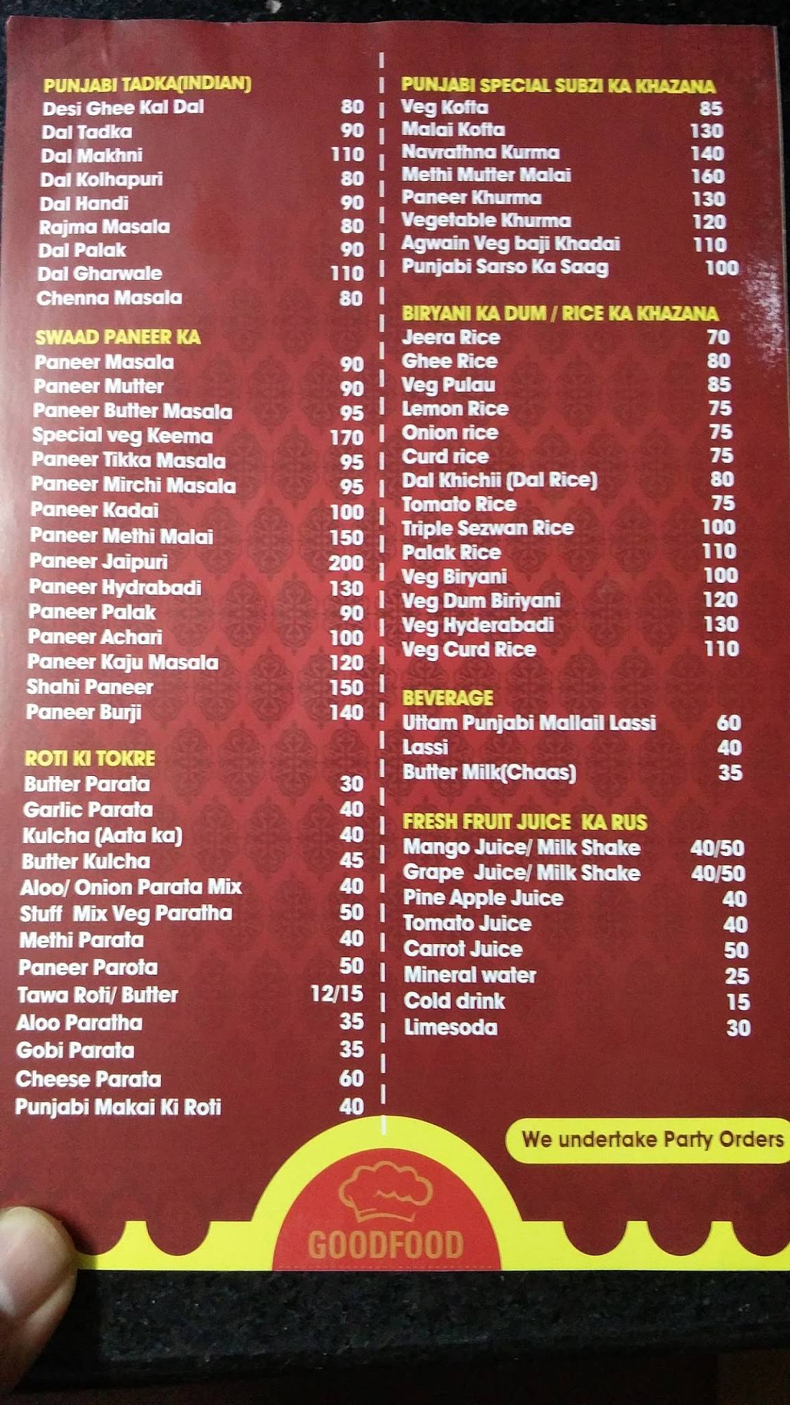 Menu at Uttam Punjabi Dhaba, Mangaluru