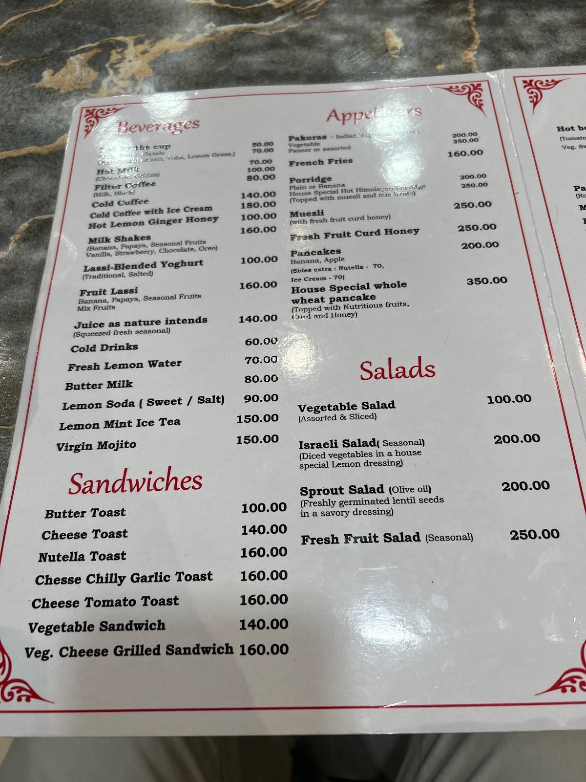 Menu at Uttar Dakshin, Rishikesh