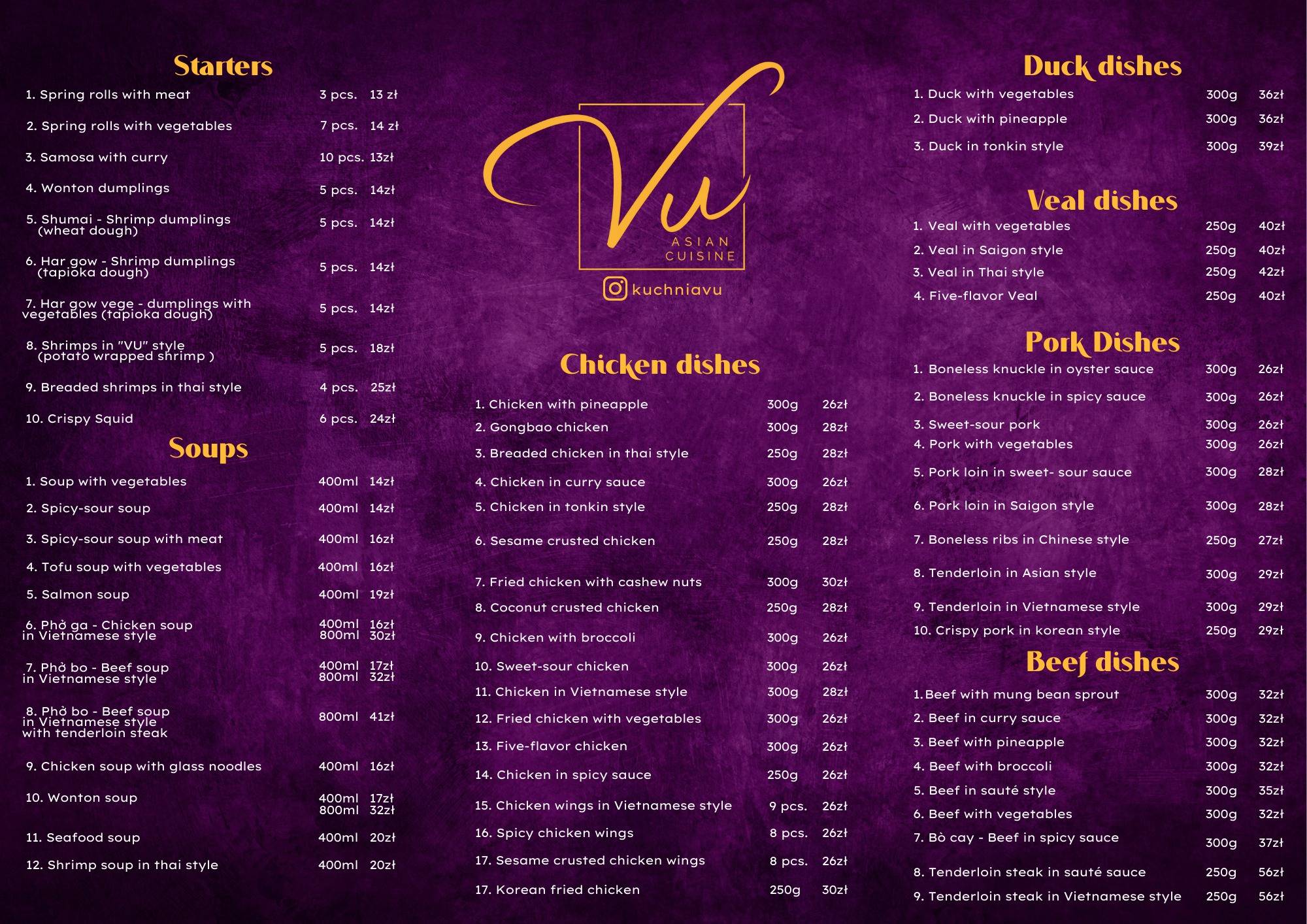 Menu at VU restaurant, Opole
