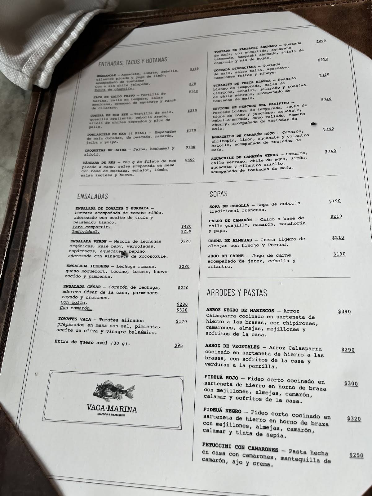 Menu at Vaca Marina restaurant, Oaxaca