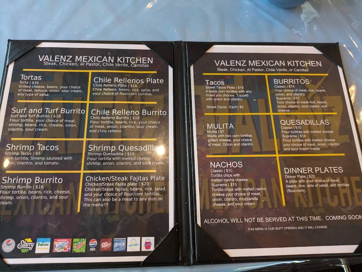 Menu at Valenz Mexican kitchen restaurant, Cameron Park