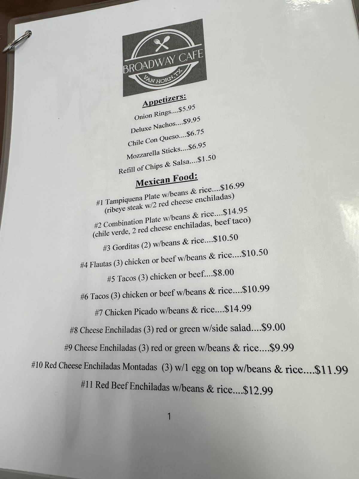 Menu at Broadway Café restaurant, Van Horn