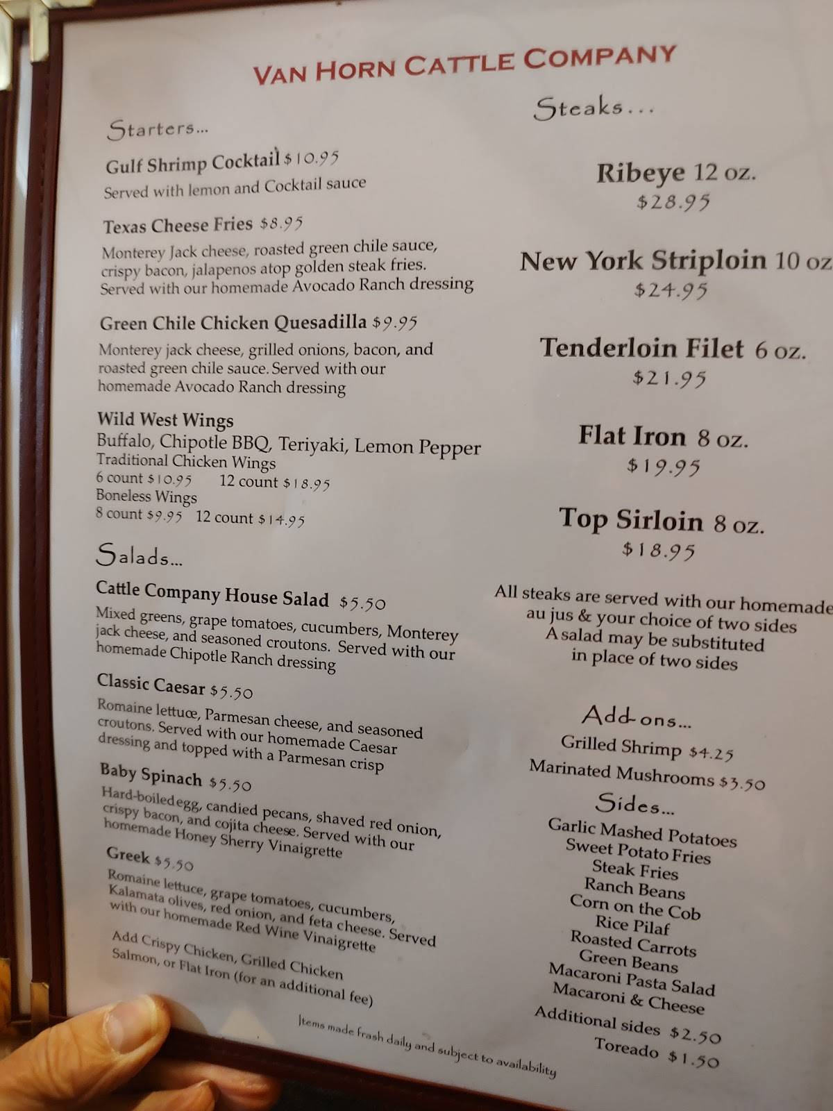 Menu at Van Horn Cattle Company steakhouse, Van Horn