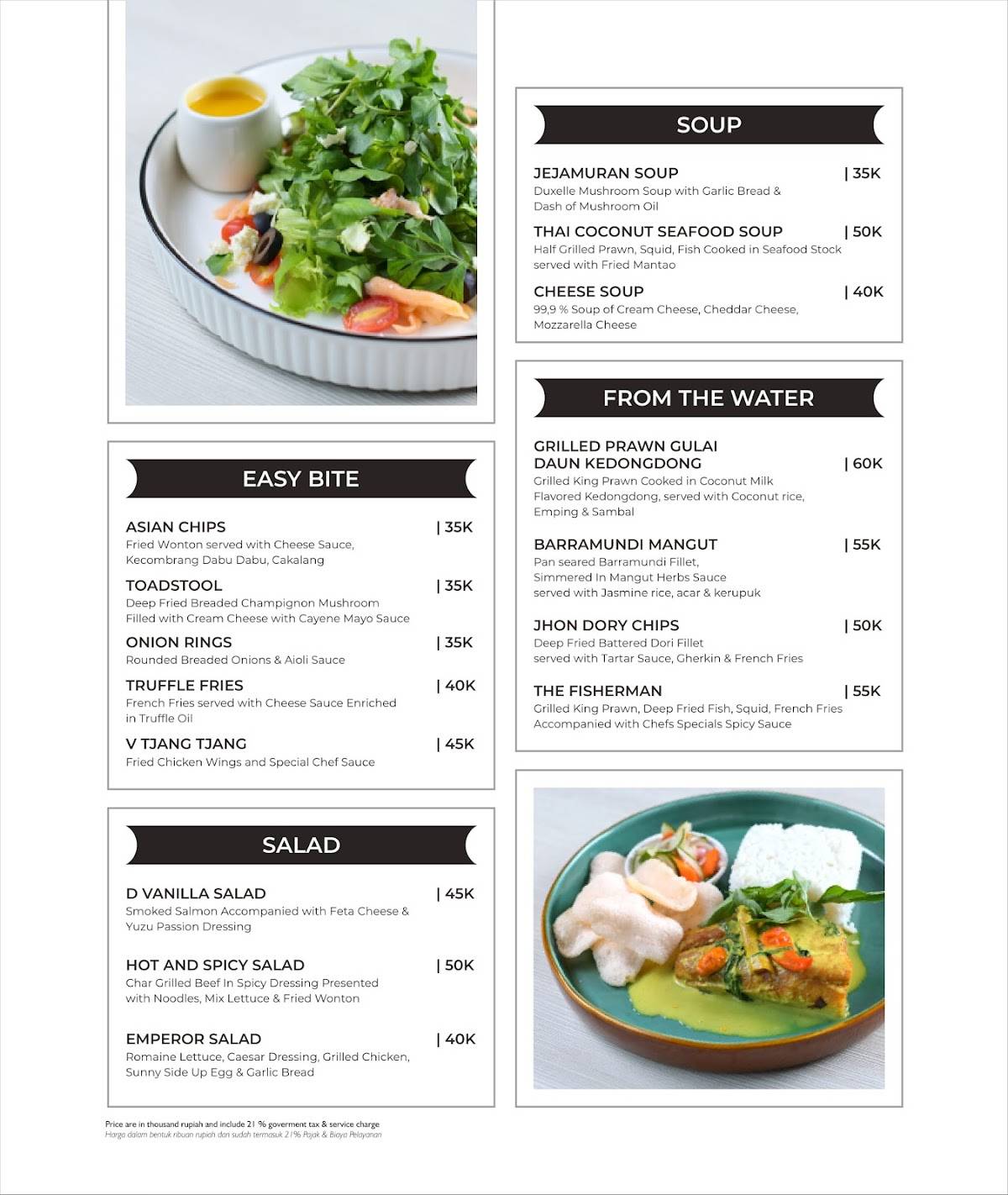 Menu at Vanilla Sky Lounge restaurant, Yogyakarta