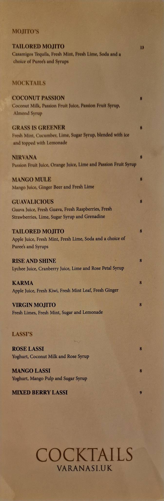 Menu at Varanasi restaurant, Birmingham
