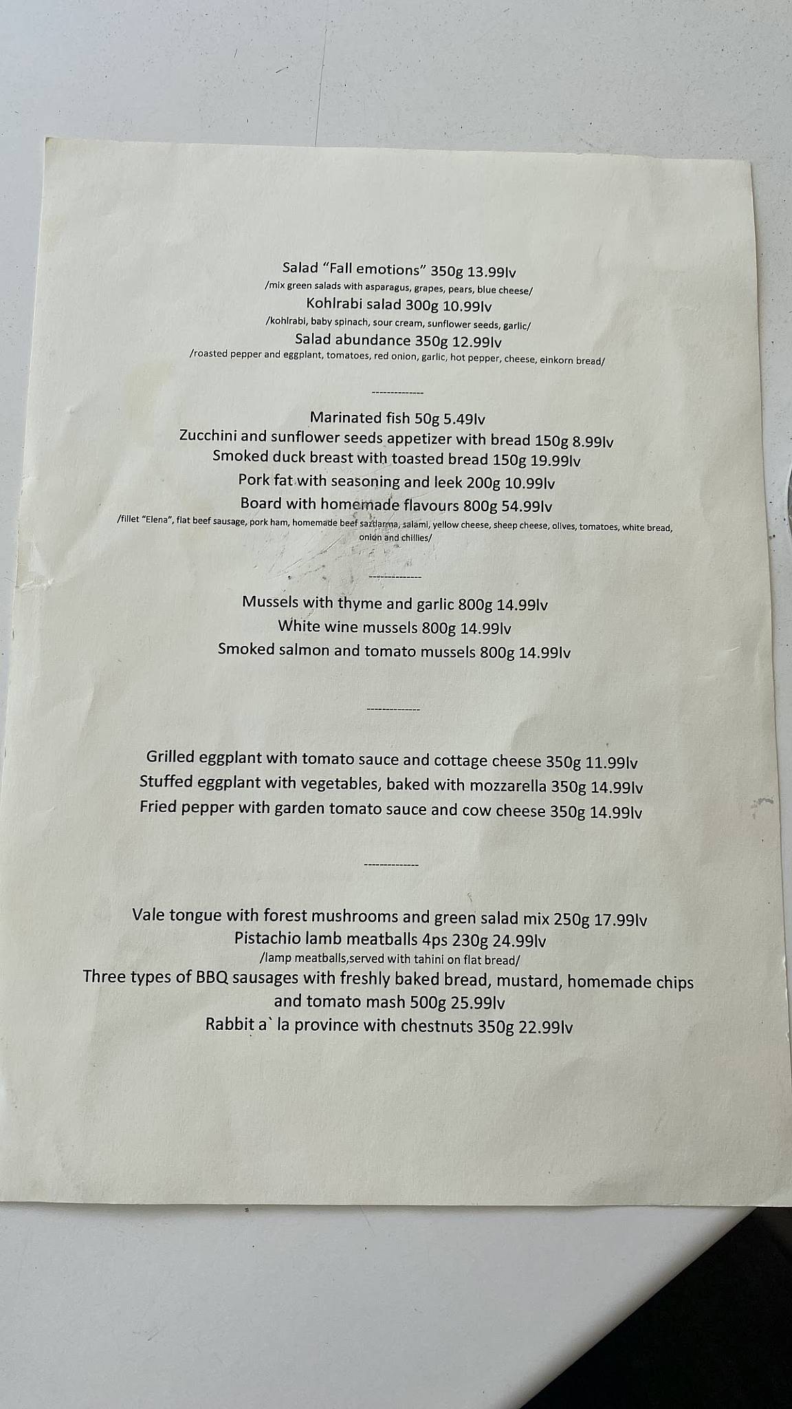 Menu at Mr Baba restaurant, Varna