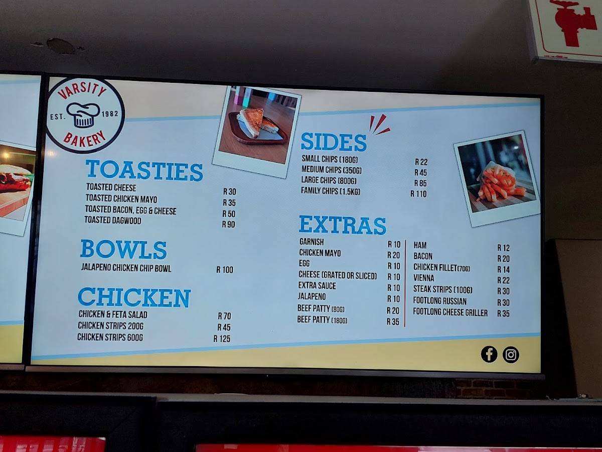 Menu at Varsity Bakery, Pretoria