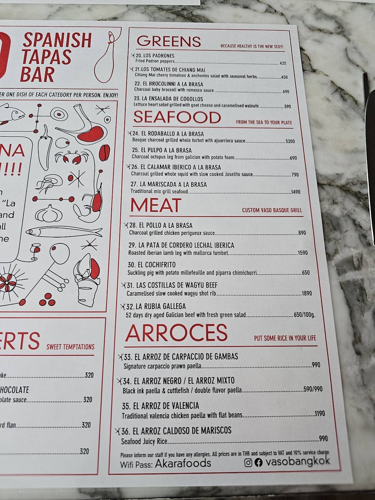 Menu at Vaso – Spanish Tapas Bar, Bangkok