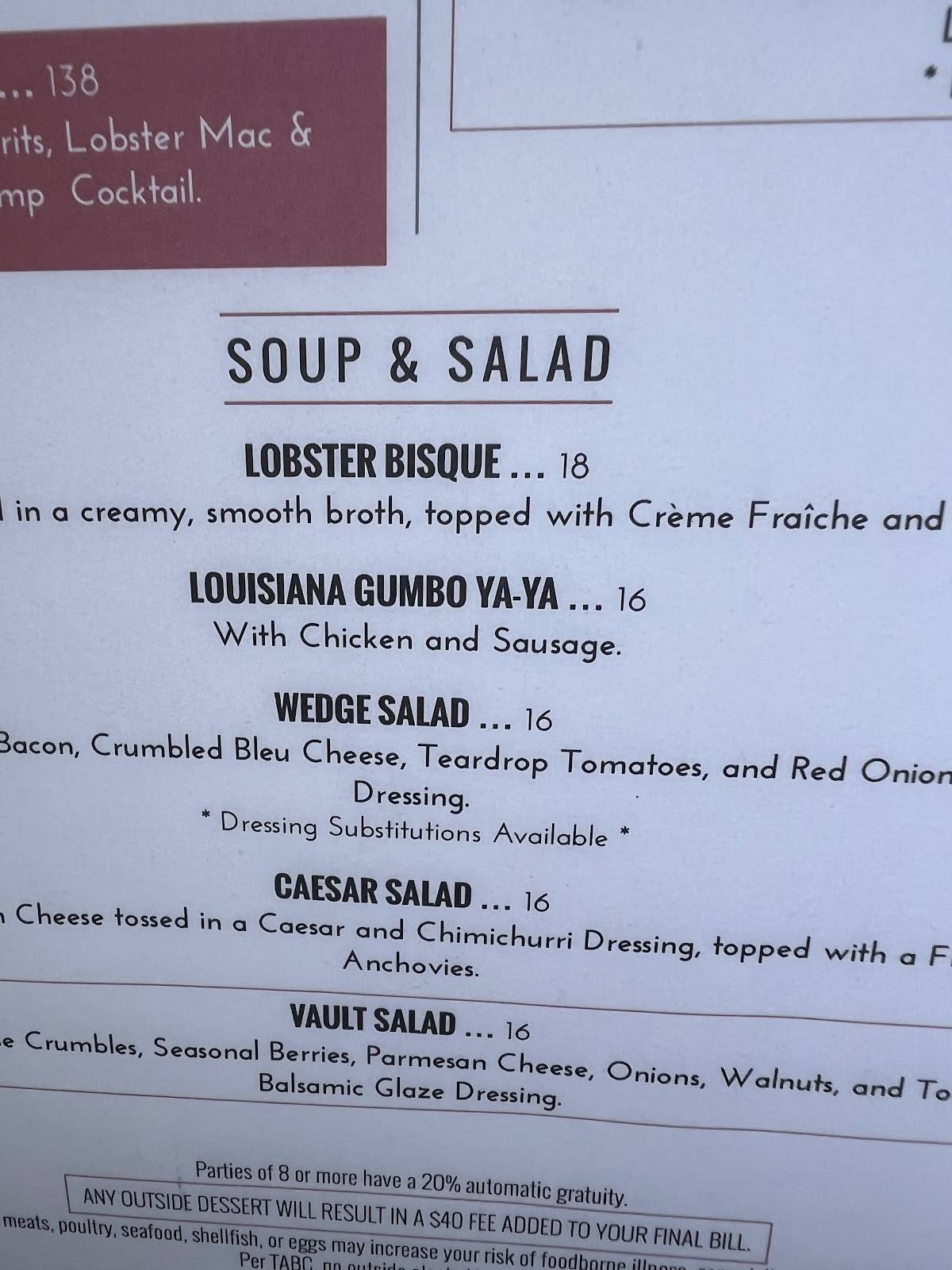 Menu at Vault Seafood & Steakhouse, Mansfield