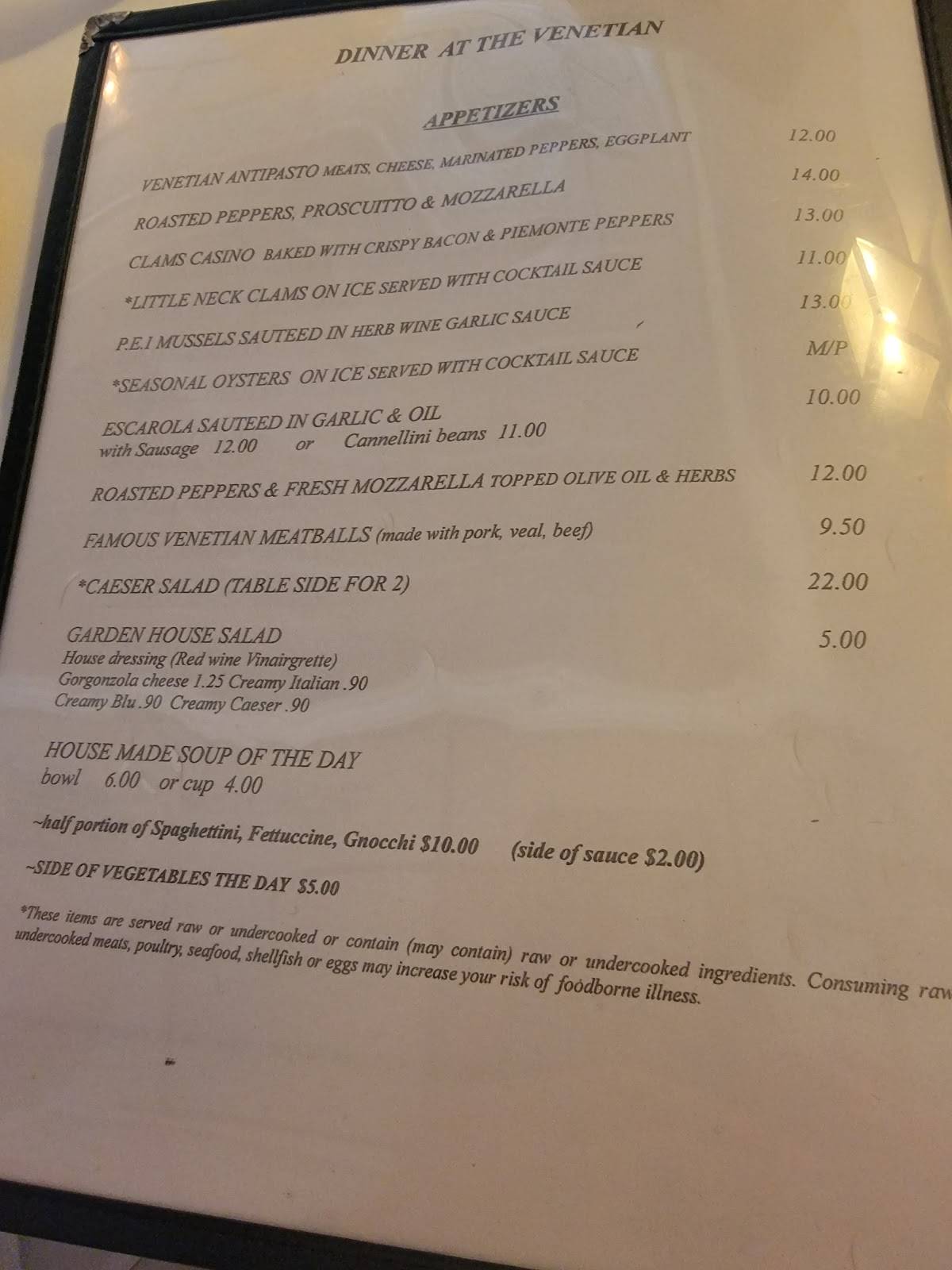 Menu at Venetian Restaurant, Torrington