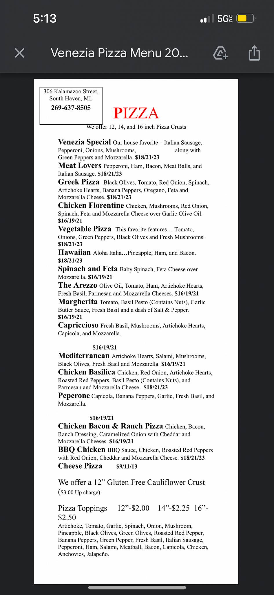 Menu at Venezia Pizza Restaurant, South Haven