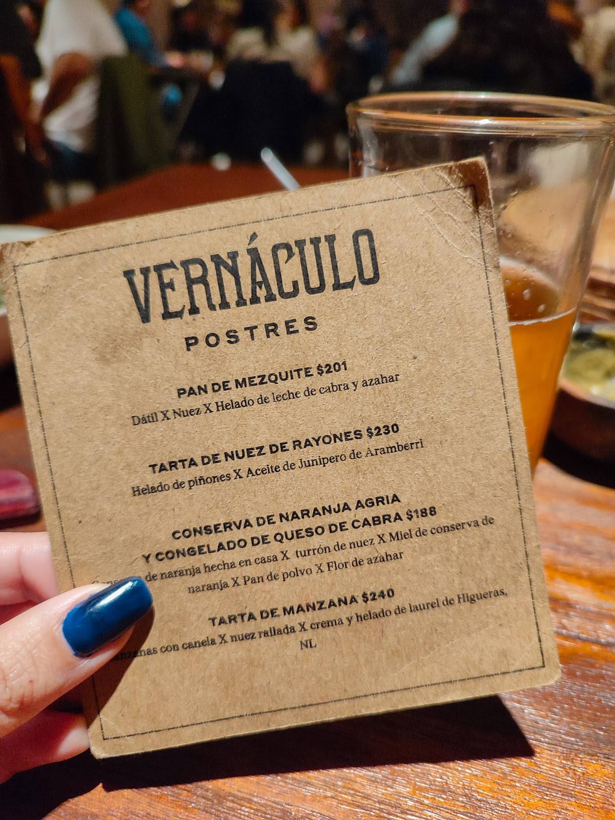 Carta del restaurante Vernáculo, San Pedro Garza García