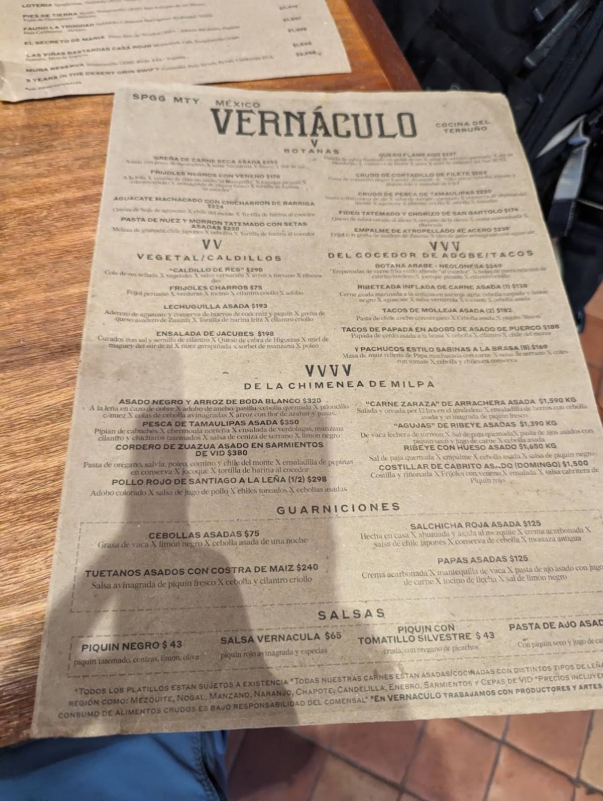 Carta del restaurante Vernáculo, San Pedro Garza García