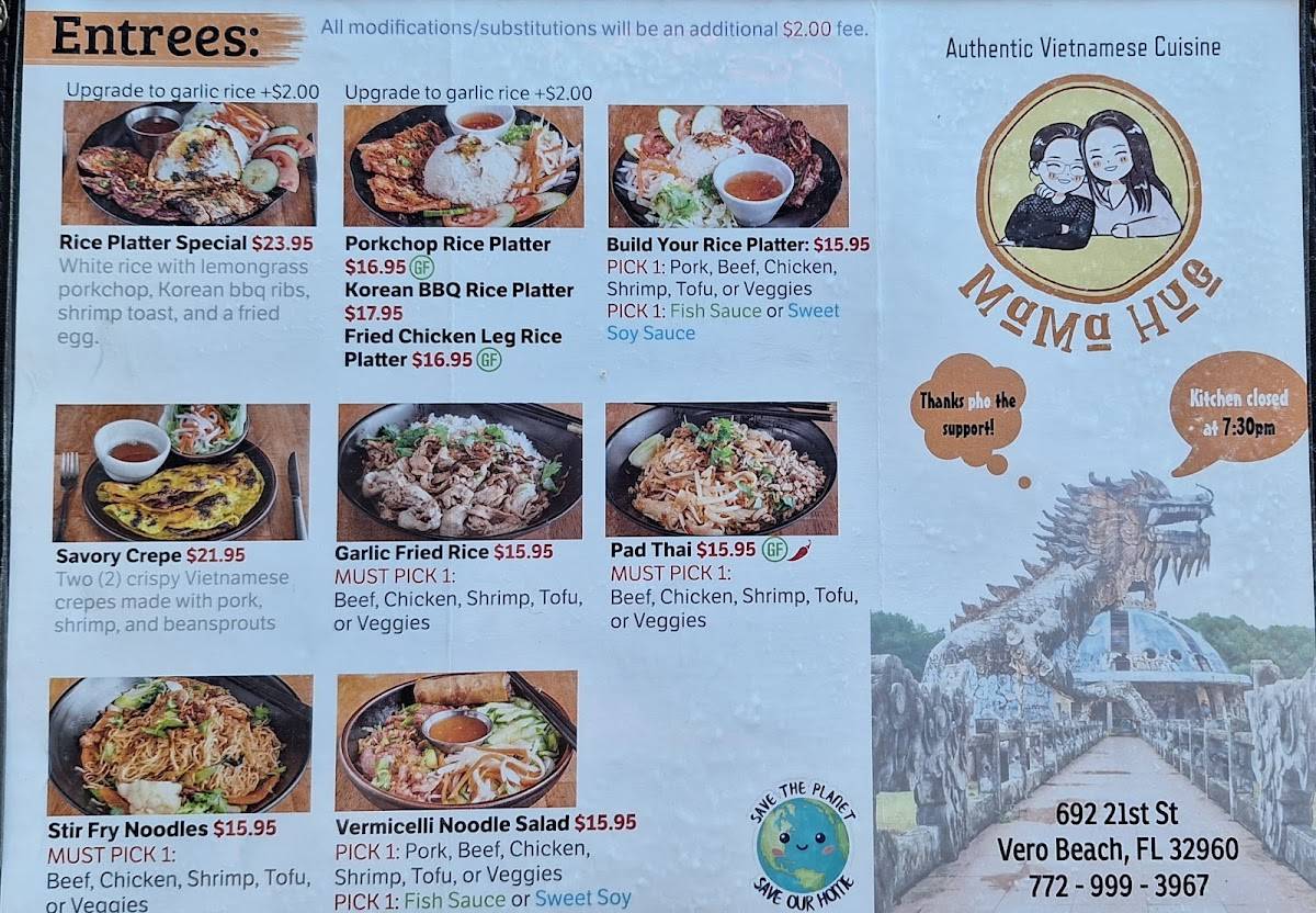Menu at Mama Hue restaurant, Vero Beach