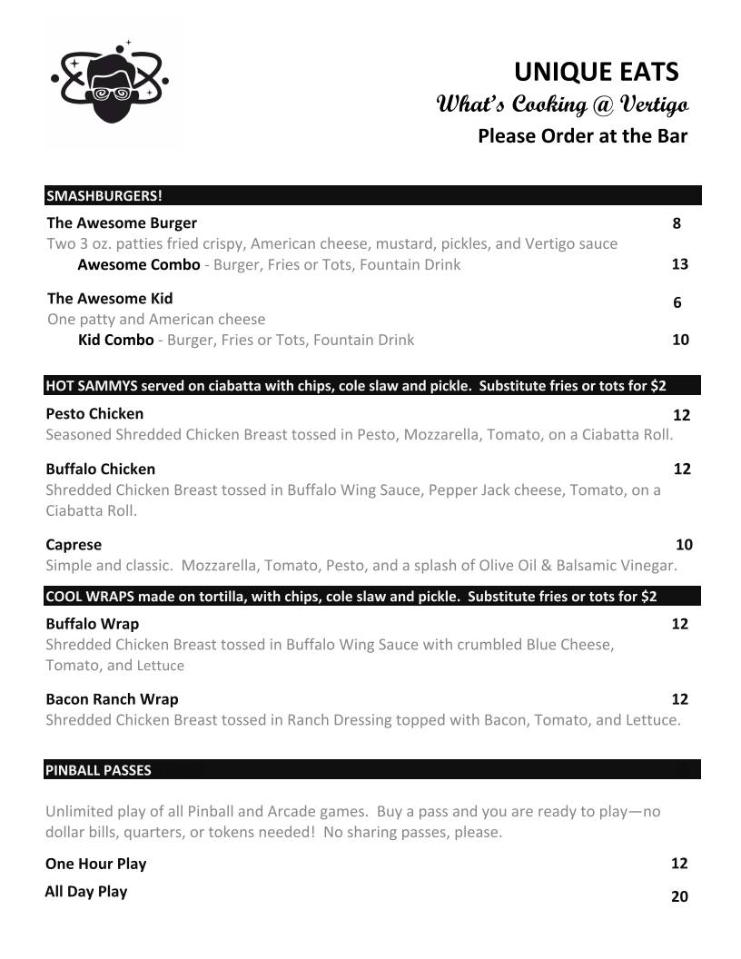 Menu at Vertigo Pinball pub & bar, Blue Ridge