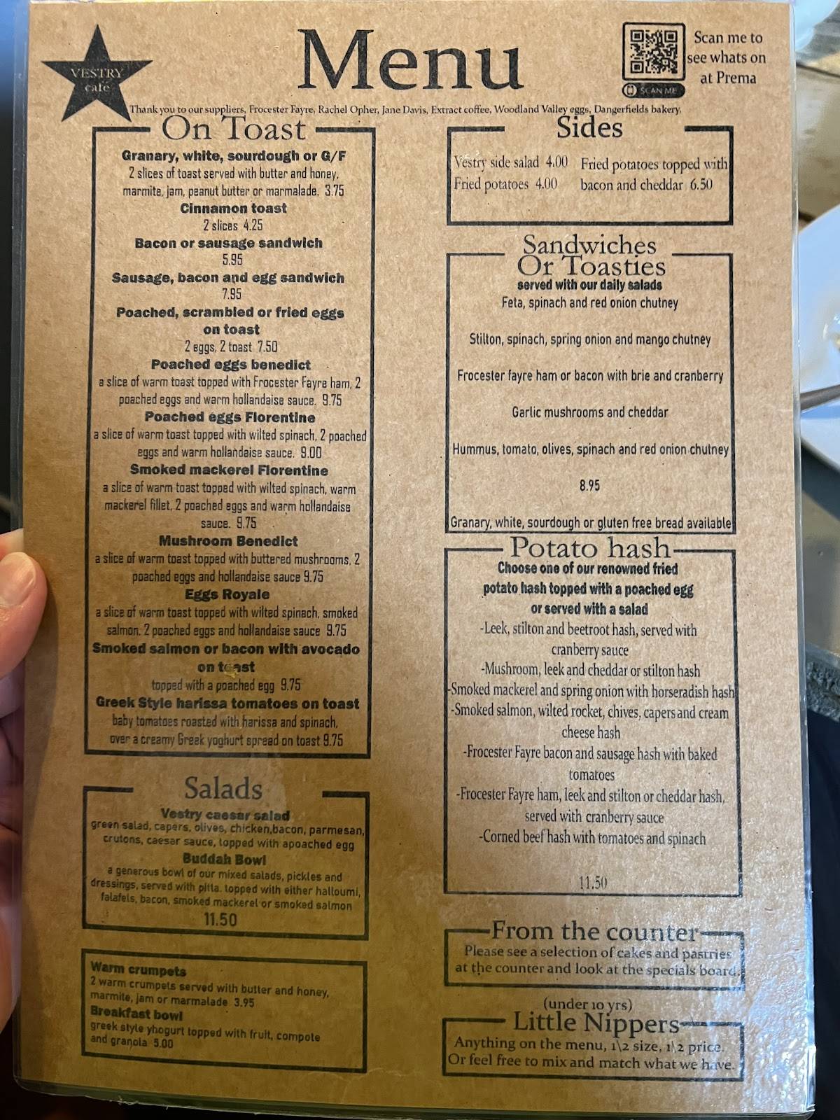 Menu at Vestry Cafe at Prema Arts Centre, Dursley