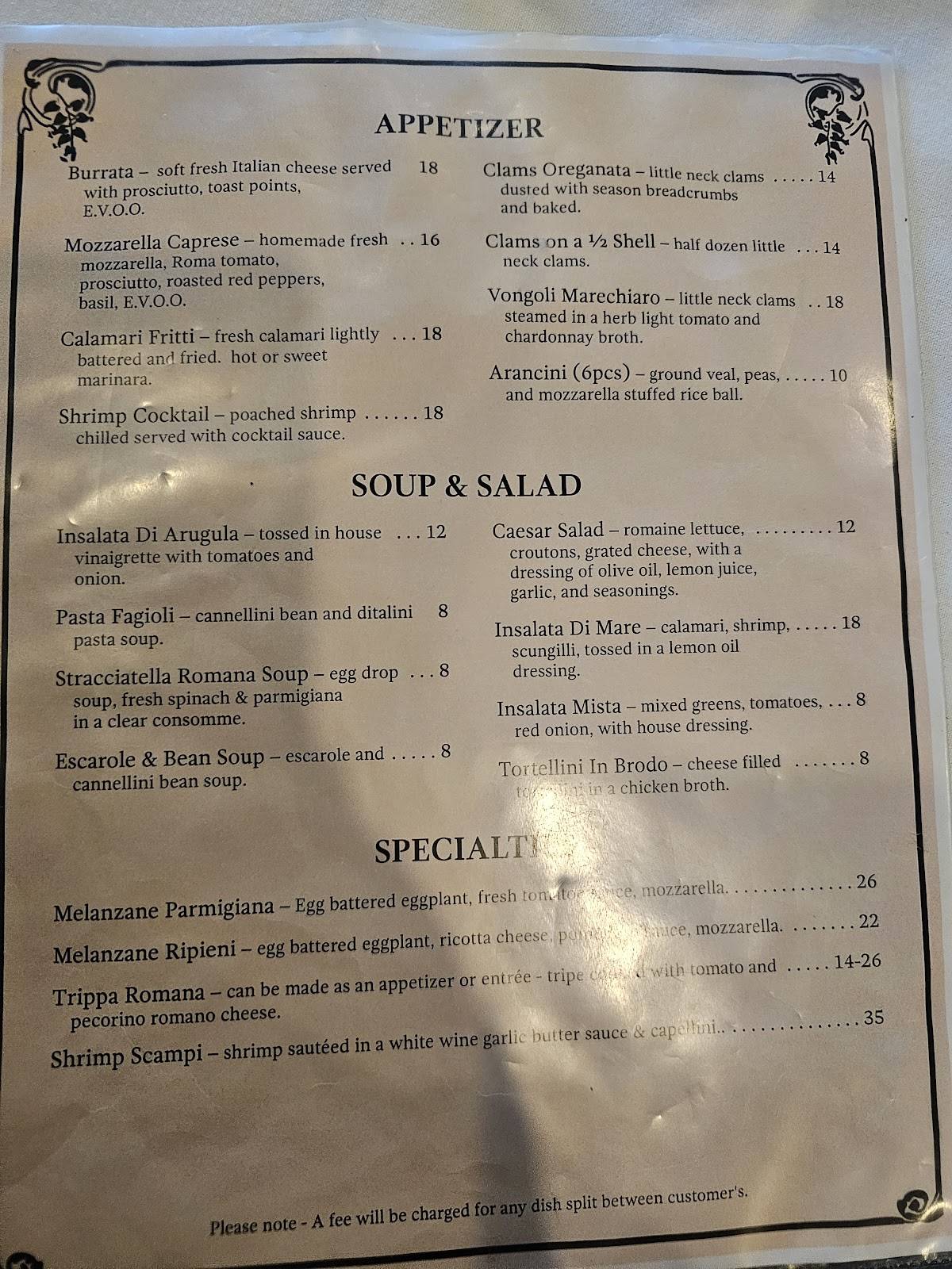 Menu at Via Veneto Italian Ristorante restaurant, Brick