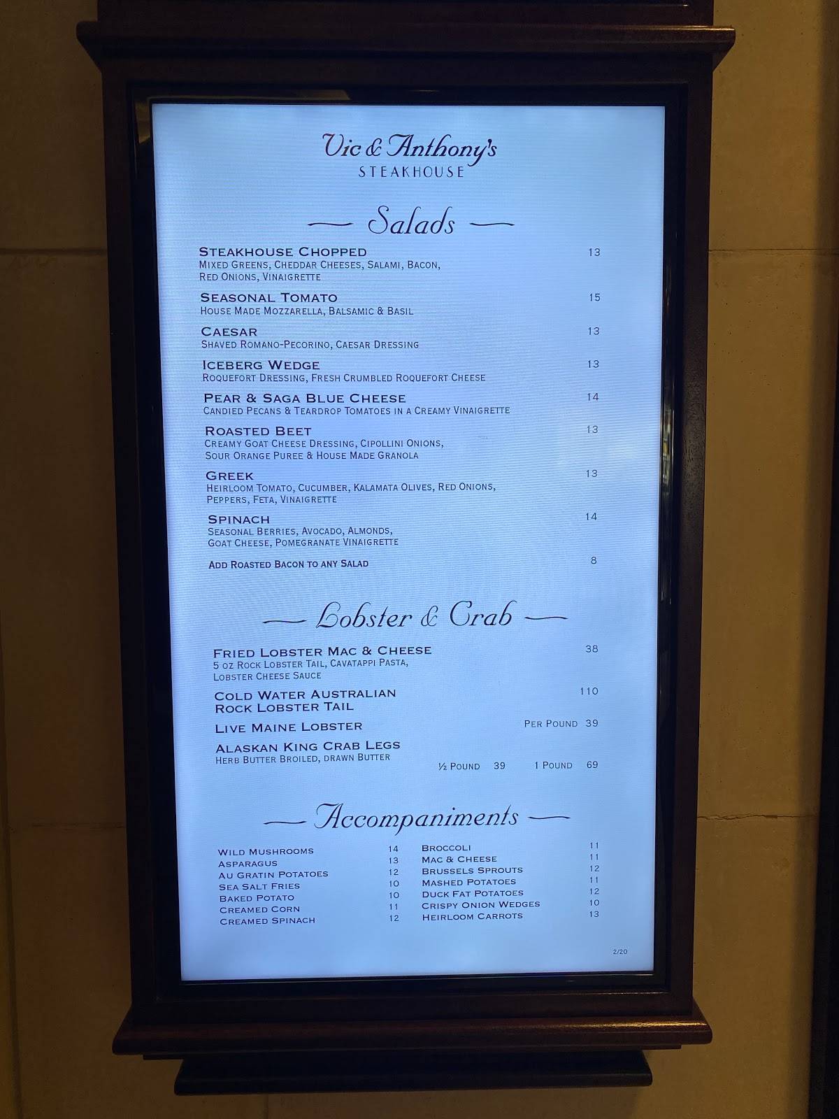 Menu at Vic & Anthony's Steakhouse, Las Vegas