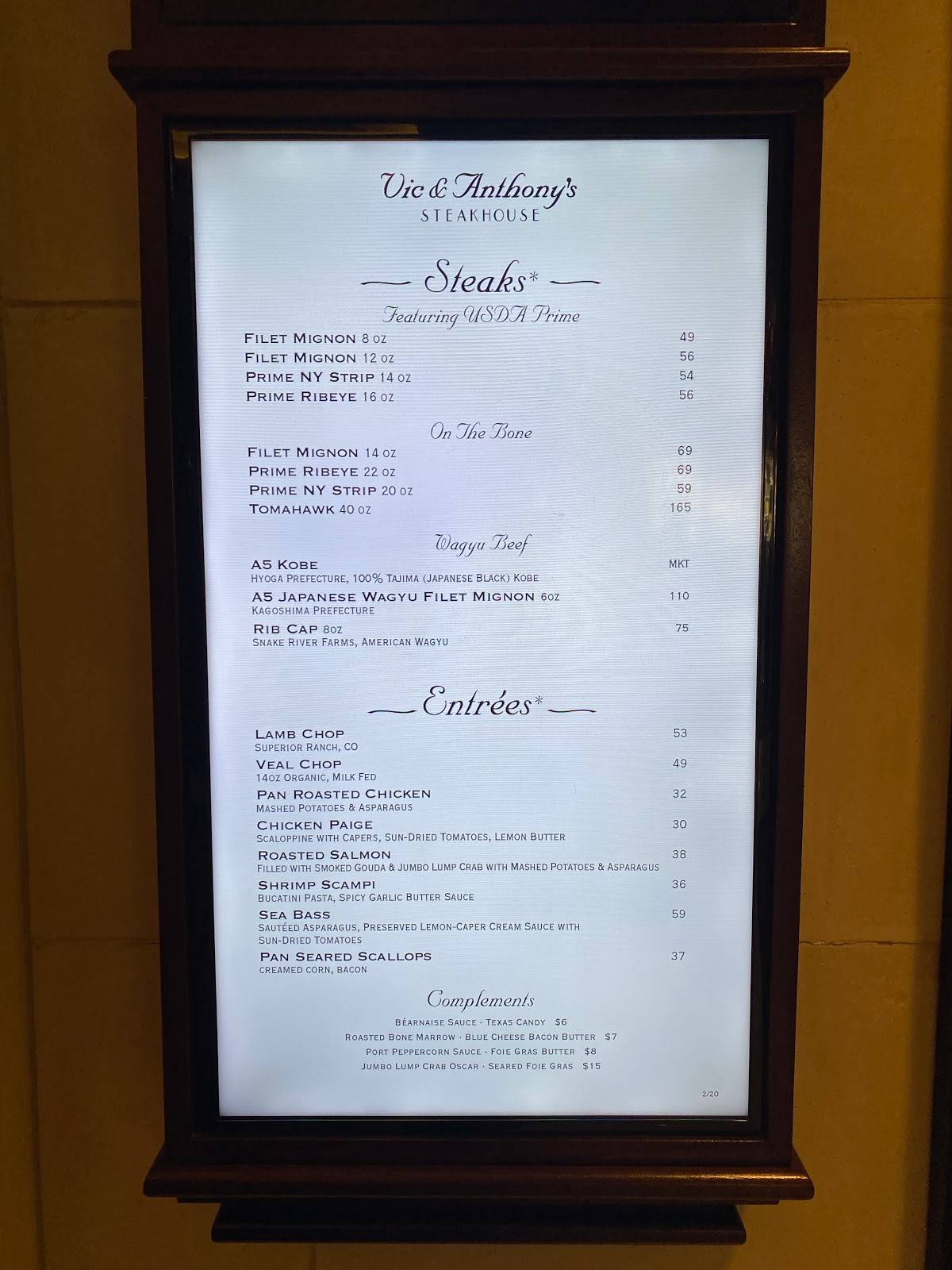 Menu at Vic & Anthony's Steakhouse, Las Vegas