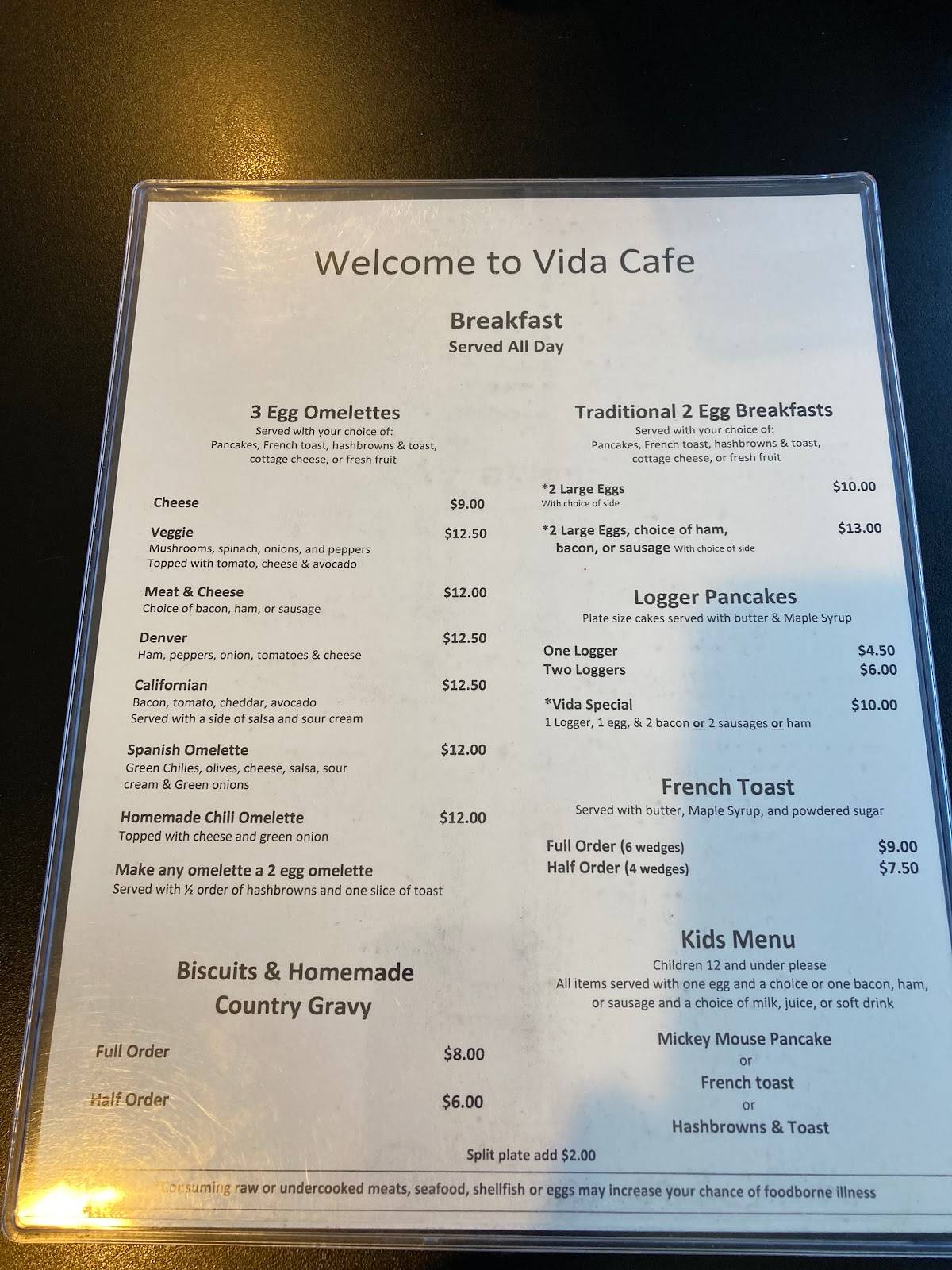 Menu at Vida Cafe, Vida