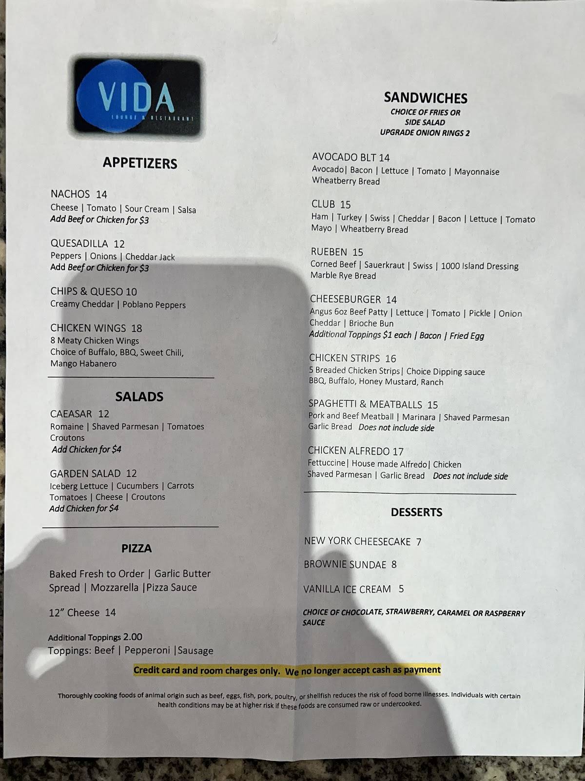 Menu at Vida Lounge & Restaurant, Omaha, S 72nd St
