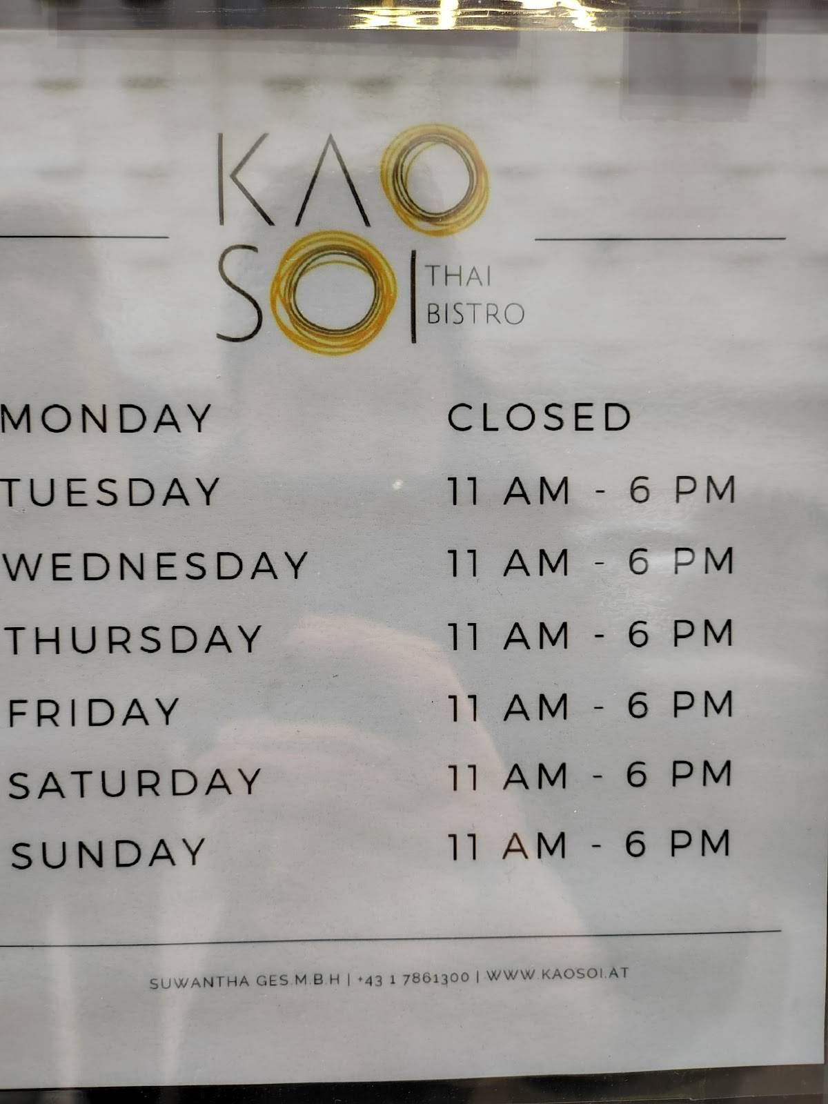 Menu at Kao Soi Thai Bistro restaurant, Vienna
