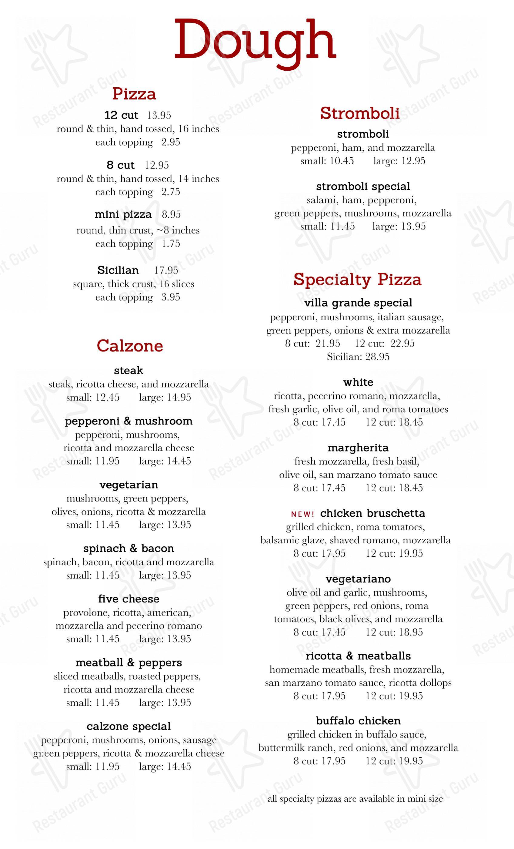 Menu at Villa Grande Restaurant & Pizzeria, Butler