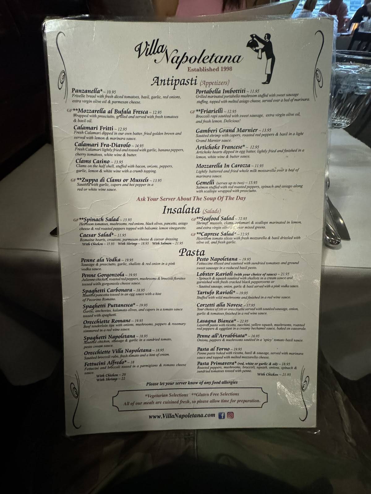 Menu at Villa Napoletana restaurant, East Longmeadow