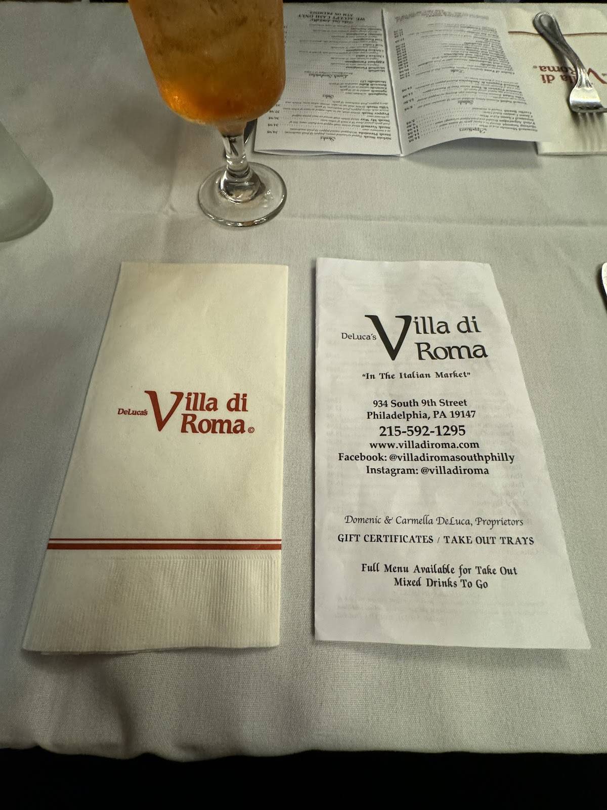 Menu at Villa di Roma restaurant, Philadelphia