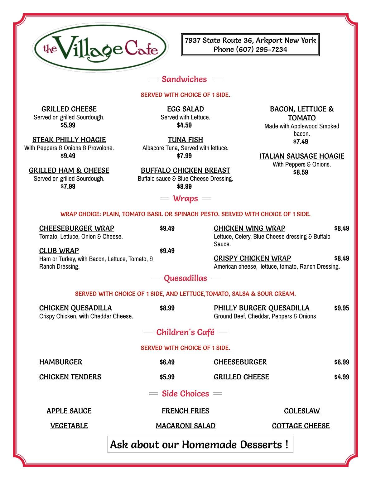 Menu at Village Cafe, Arkport