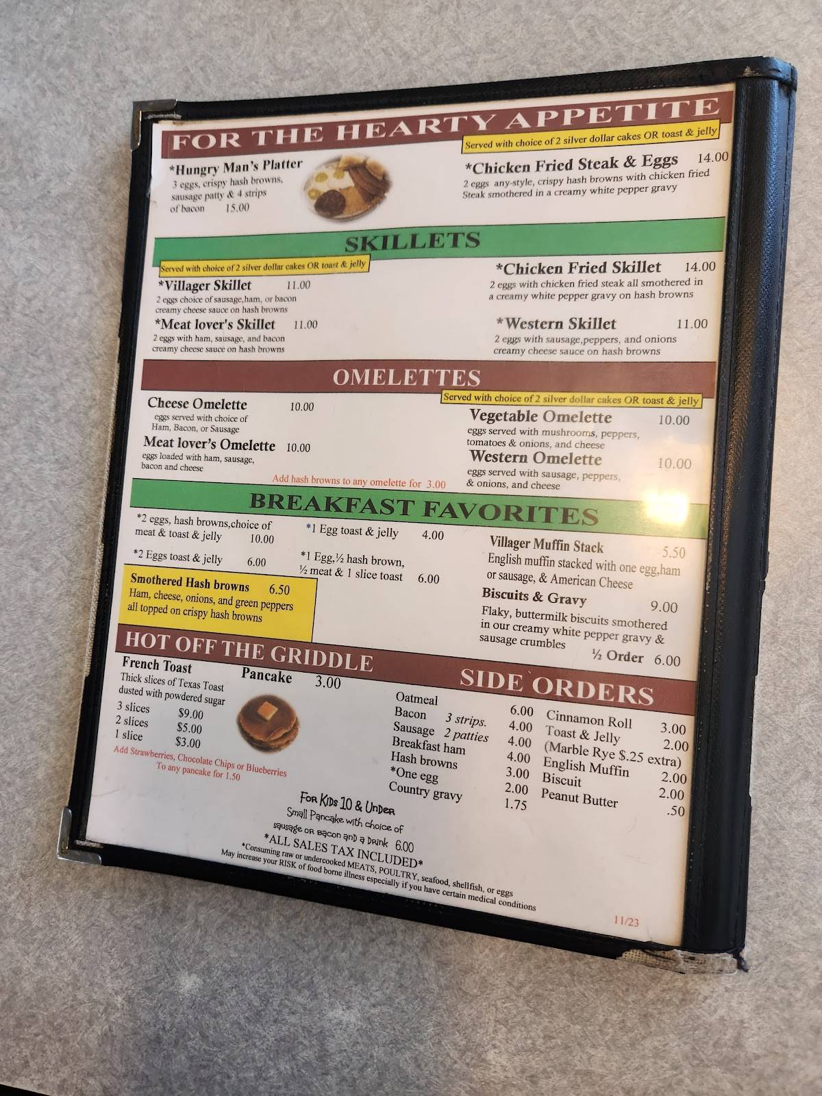 Menu at Villager restaurant, Sac City