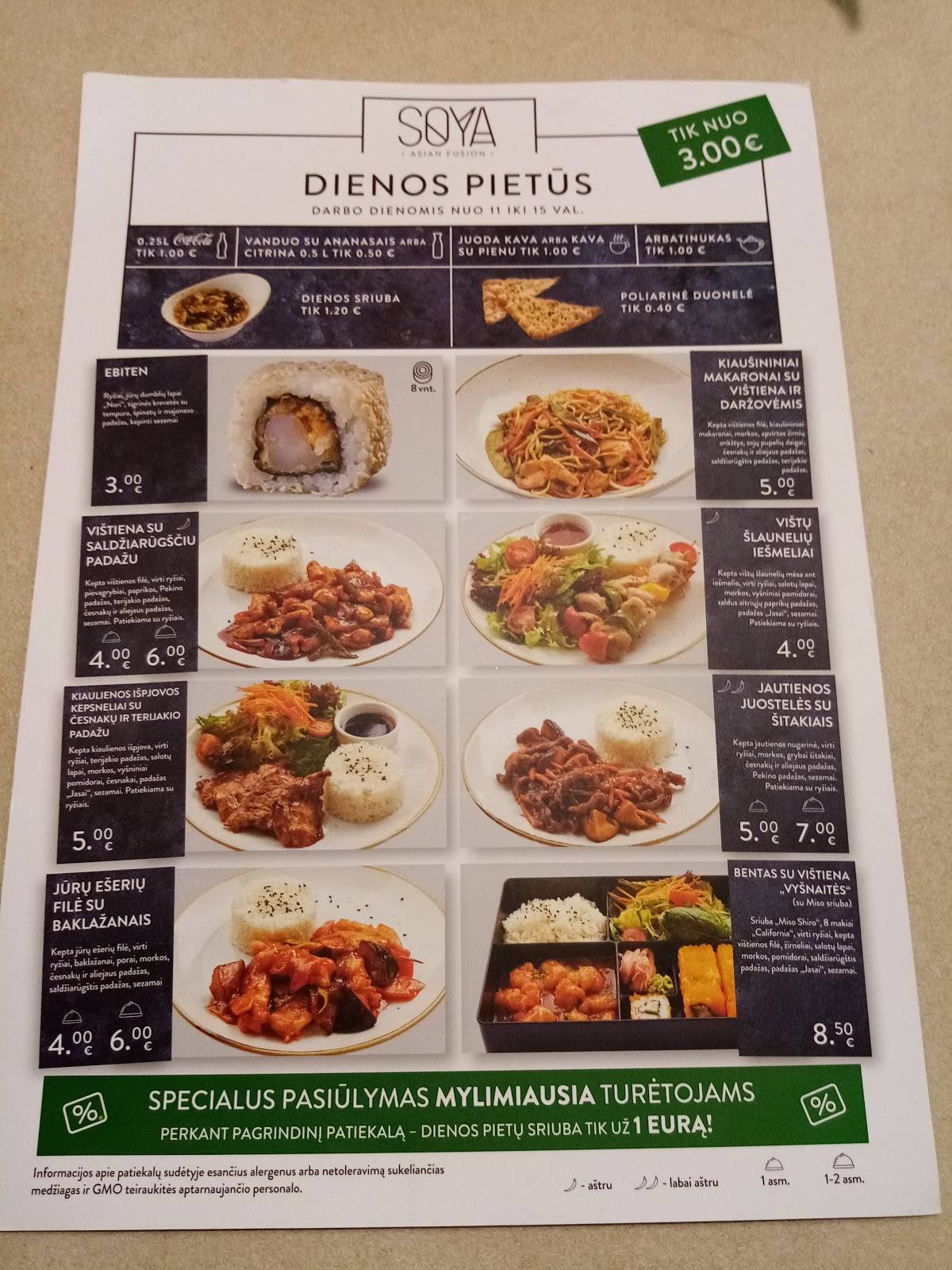 Menu au SOYA restaurant, Vilnius, Ozo g. 25