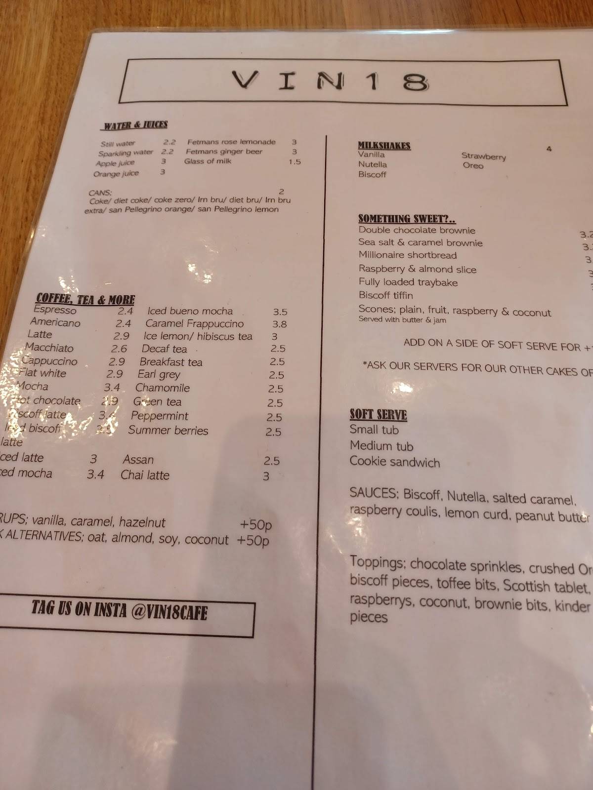 Menu at Vin 18 cafe, Glasgow