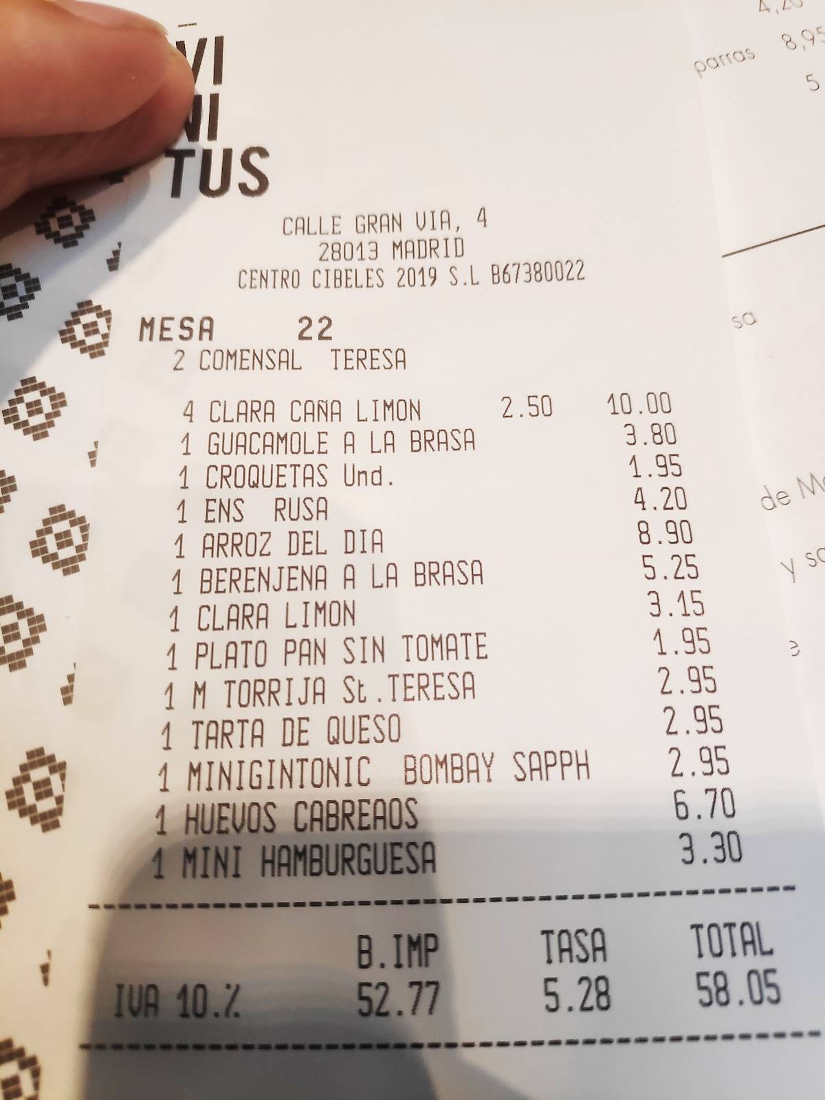 Carta del restaurante Vinitus, Madrid
