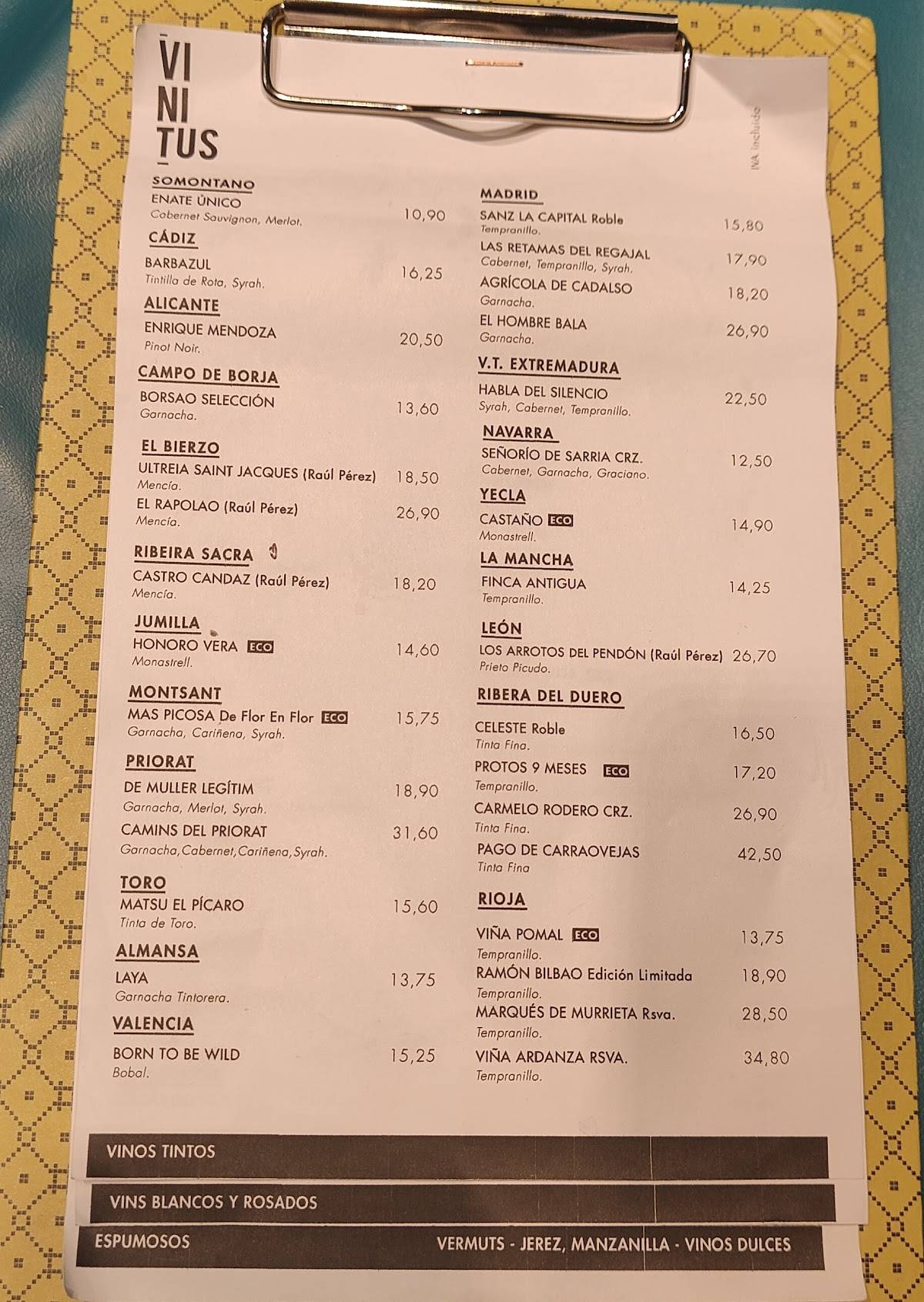 Carta del restaurante Vinitus, Madrid