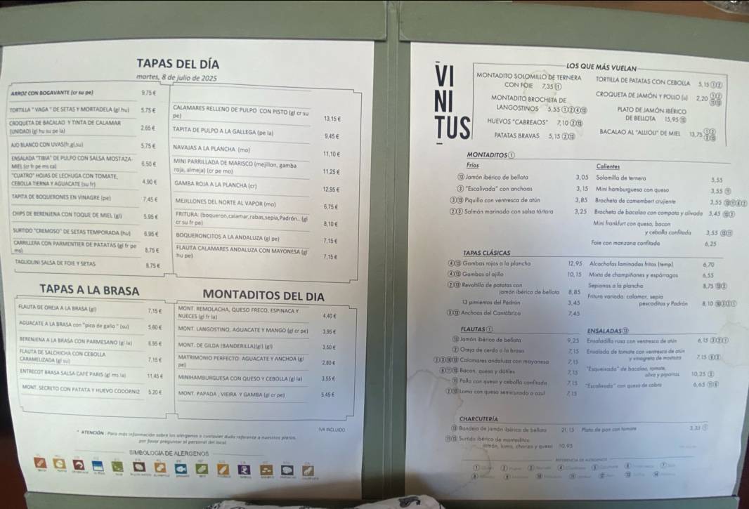 Carta del restaurante Vinitus, Madrid