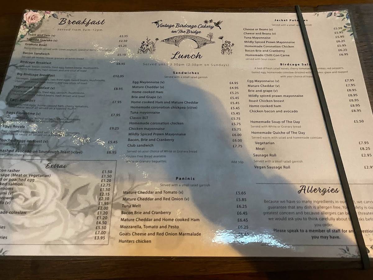 Menu at Vintage Birdcage Cakery on the Bridge restaurant, Charfield