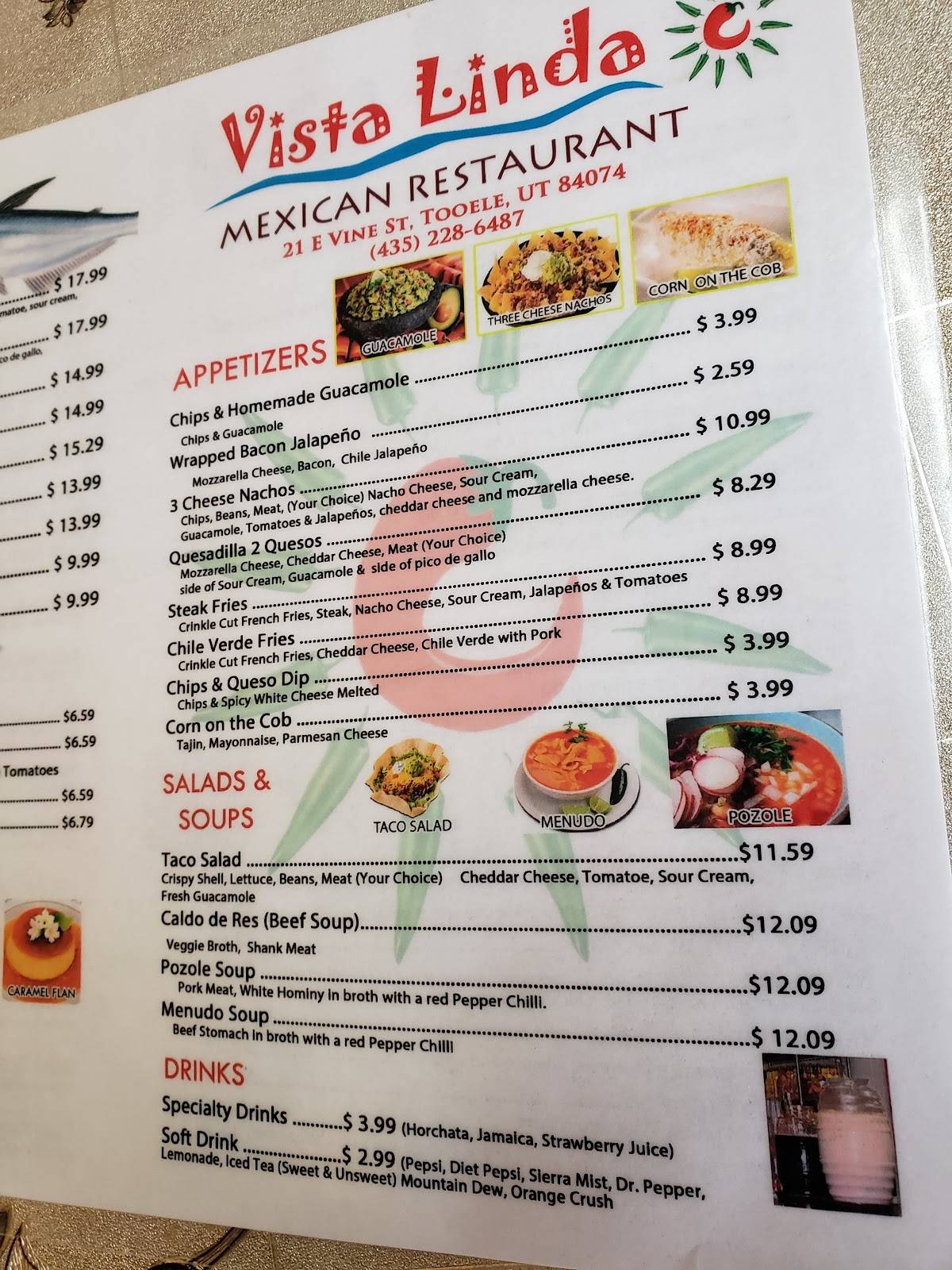 Menu at Vista Linda restaurant, Tooele