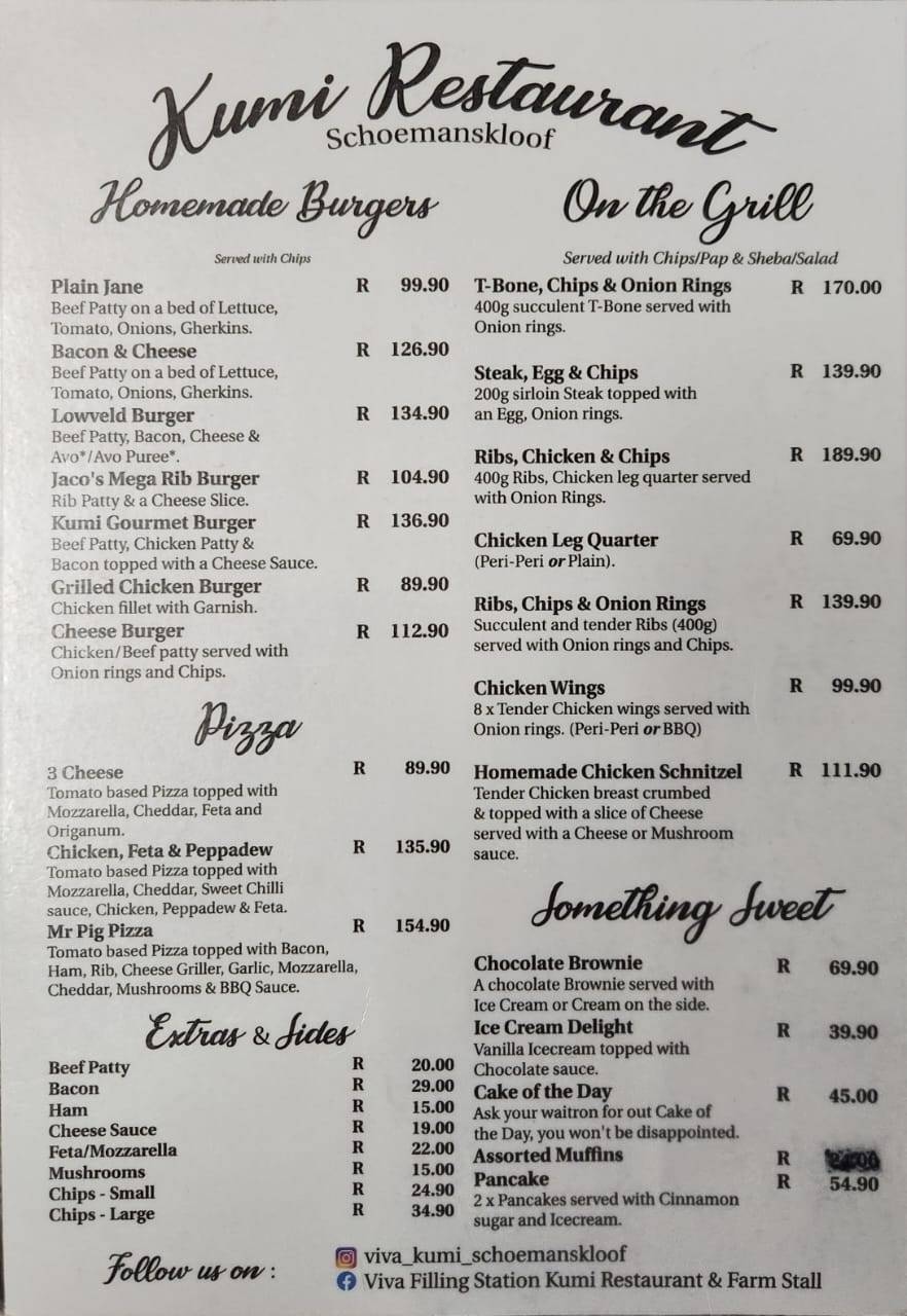 Menu at Kumi Restaurant, South Africa
