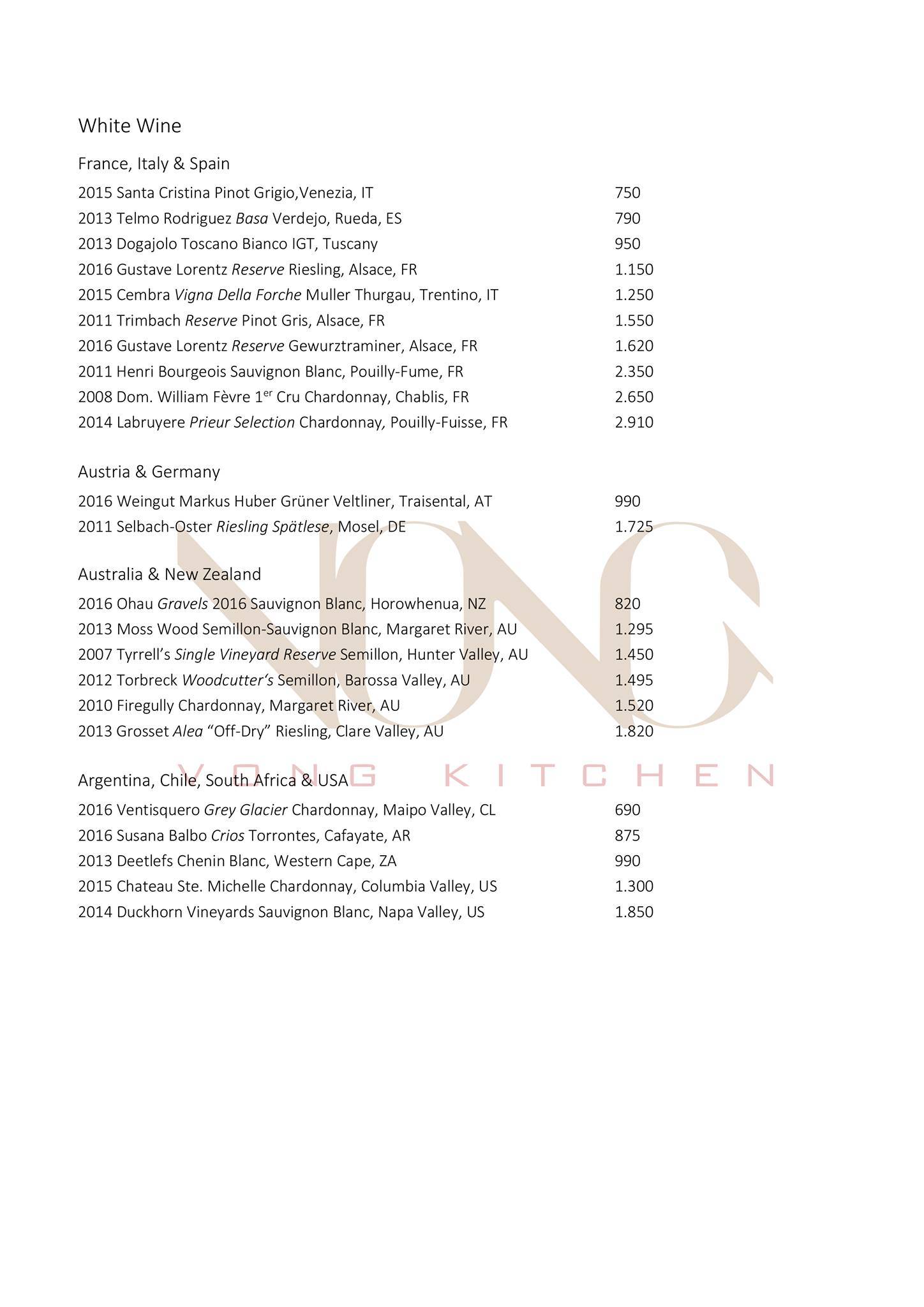 Menu at Vong Kitchen restaurant, Jakarta