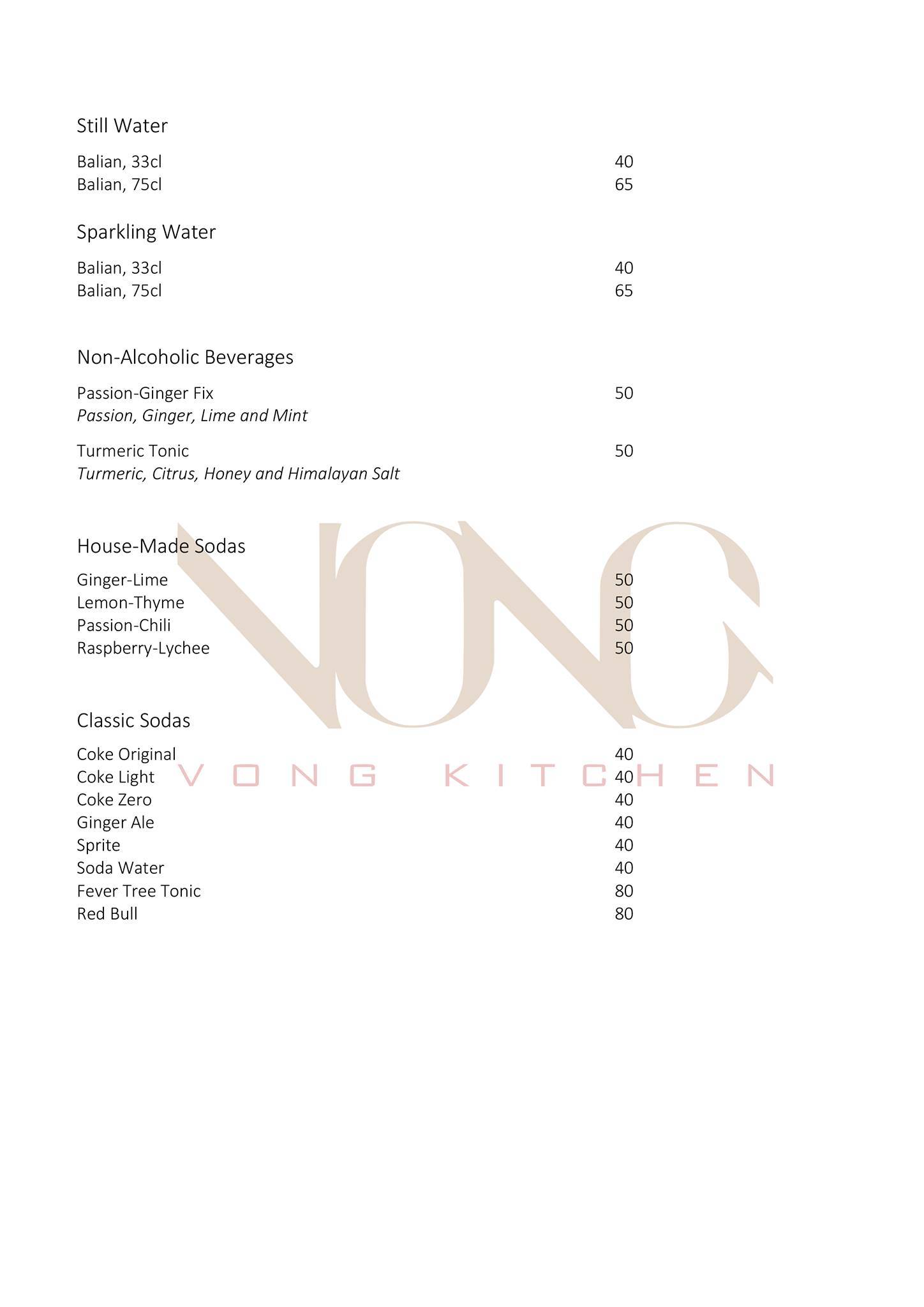 Menu at Vong Kitchen restaurant, Jakarta